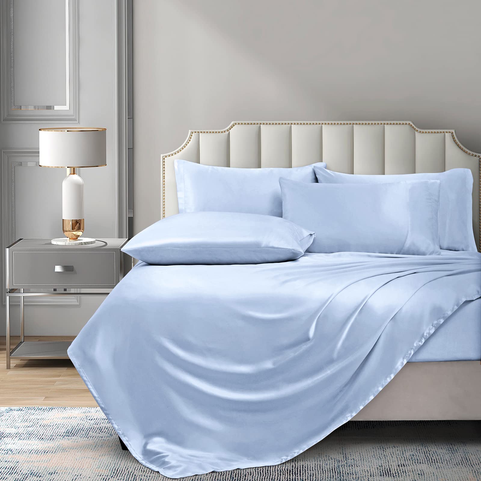 P Pothuiny 6 Pieces Satin Sheets Striped Printed, Flint Blue Satin Bed Sheets Luxury Silky Full Size Bedding Set, 1 Satin Fitted Sheet + 1 Flat Sheet + 4 Pillow Cases