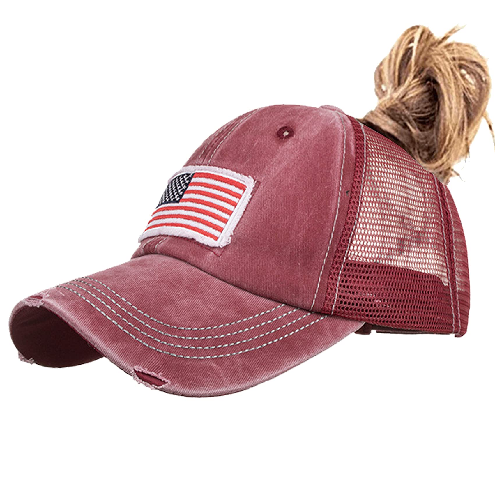 RNFENQS Women's American Flag Mesh Trucker Hat Distressed Ponytail Baseball Cap Wine Red
