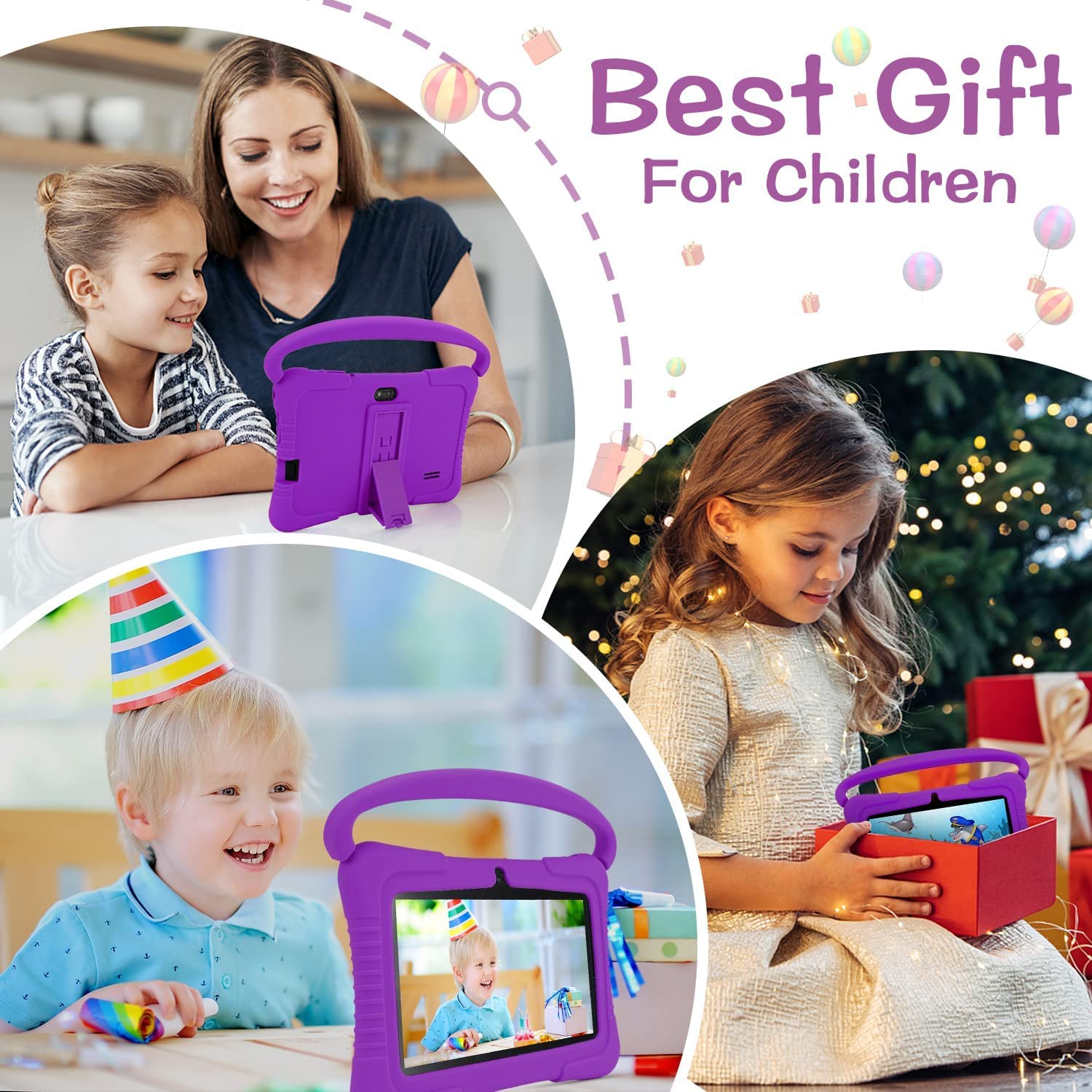 Veidoo Kids Tablet, 7 inch Android Tablet PC, 1GB RAM 16GB ROM, Safety Eye Protection Screen, WiFi, Bluetooth, Dual Camera, Educational, Games, Parental Control APP, Tablet with Silicone Case(Purple)