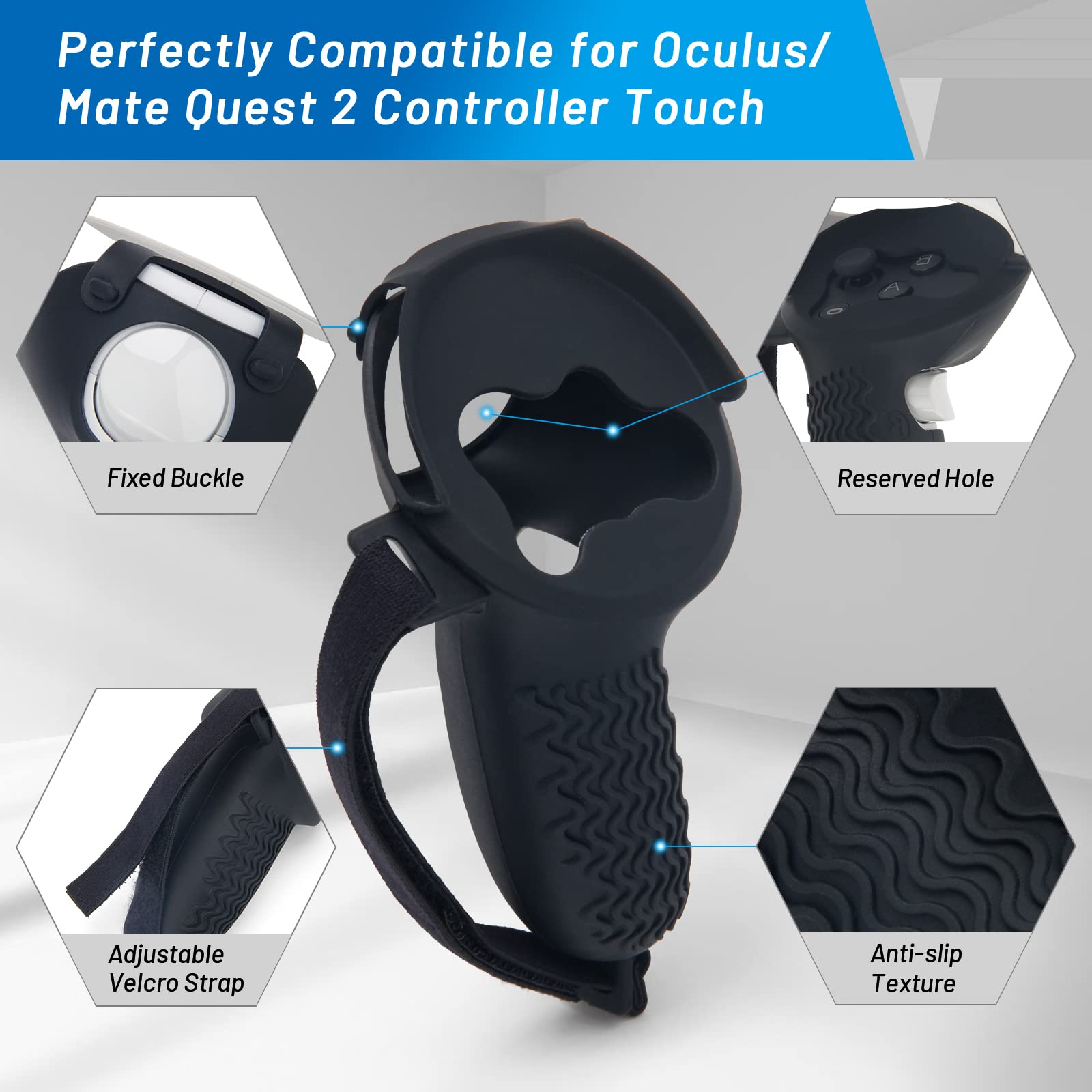 Windspeed Controller Grips Cover for Oculus/Meta Quest 2, Black Silicone Anti-Throw VR Handle Cover with Adjustable Straps for Oculus Quest 2 Accessories Soft VR Handle Protective Sleeve
