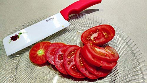 Sailing. Elegant 6.5-inch Ceramic Chef's Knife, Red Handle,White Blade with Red Flower - Best Kitchen Ceramic Cutlery, Featuring Designs