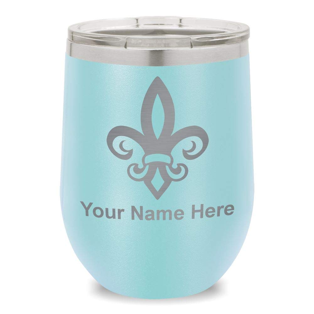 SkunkWerkz Wine Glass Tumbler, Fleur de Lis, Personalized Engraving Included (Light Blue)