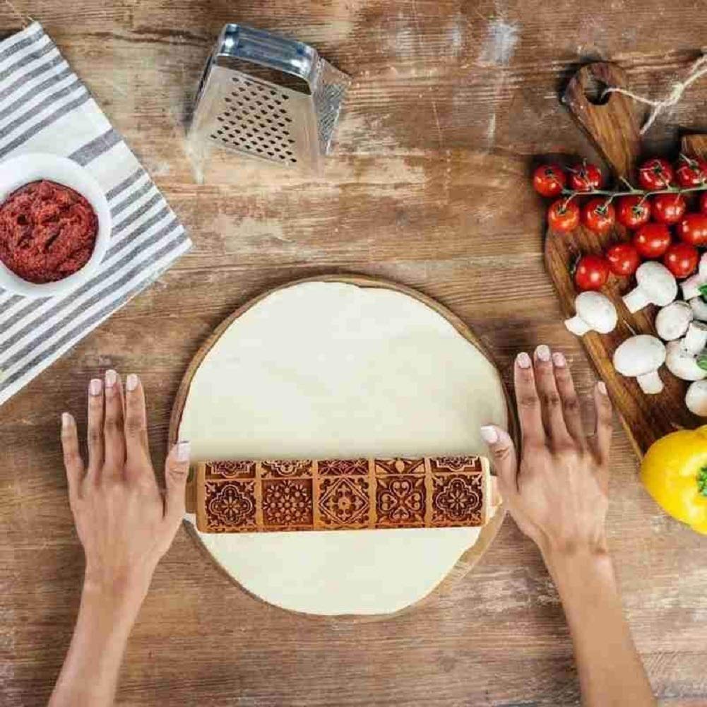 Zozulialia Xmas Christmas Wooden Rolling Pins with Flower Embossing, Snowflake Embossed Natural Wood Carved Engraved Rolling Pin for Baking Embossed Cookies