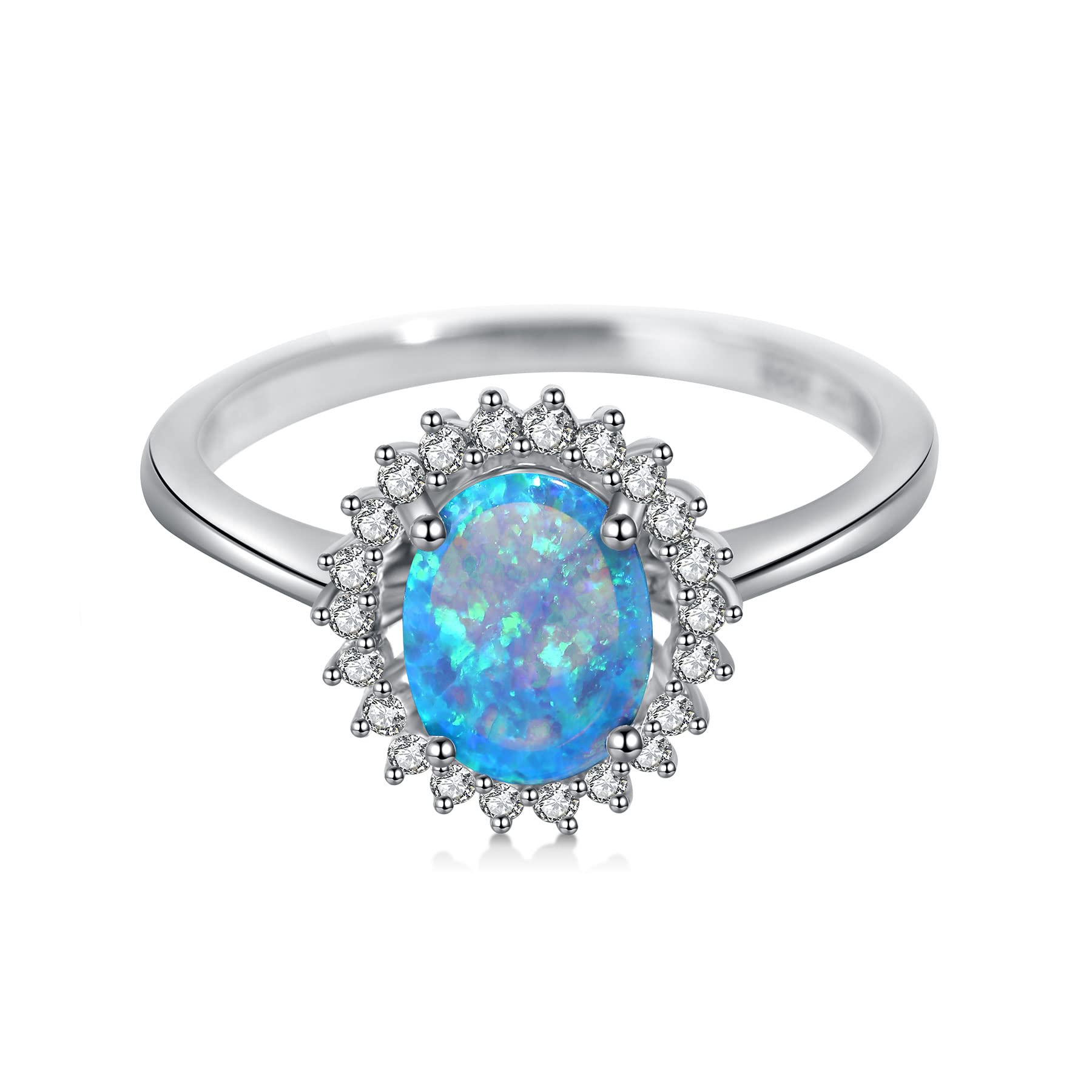 T400 925 Sterling Silver Blue Created Opal Round Ring Gift for Women