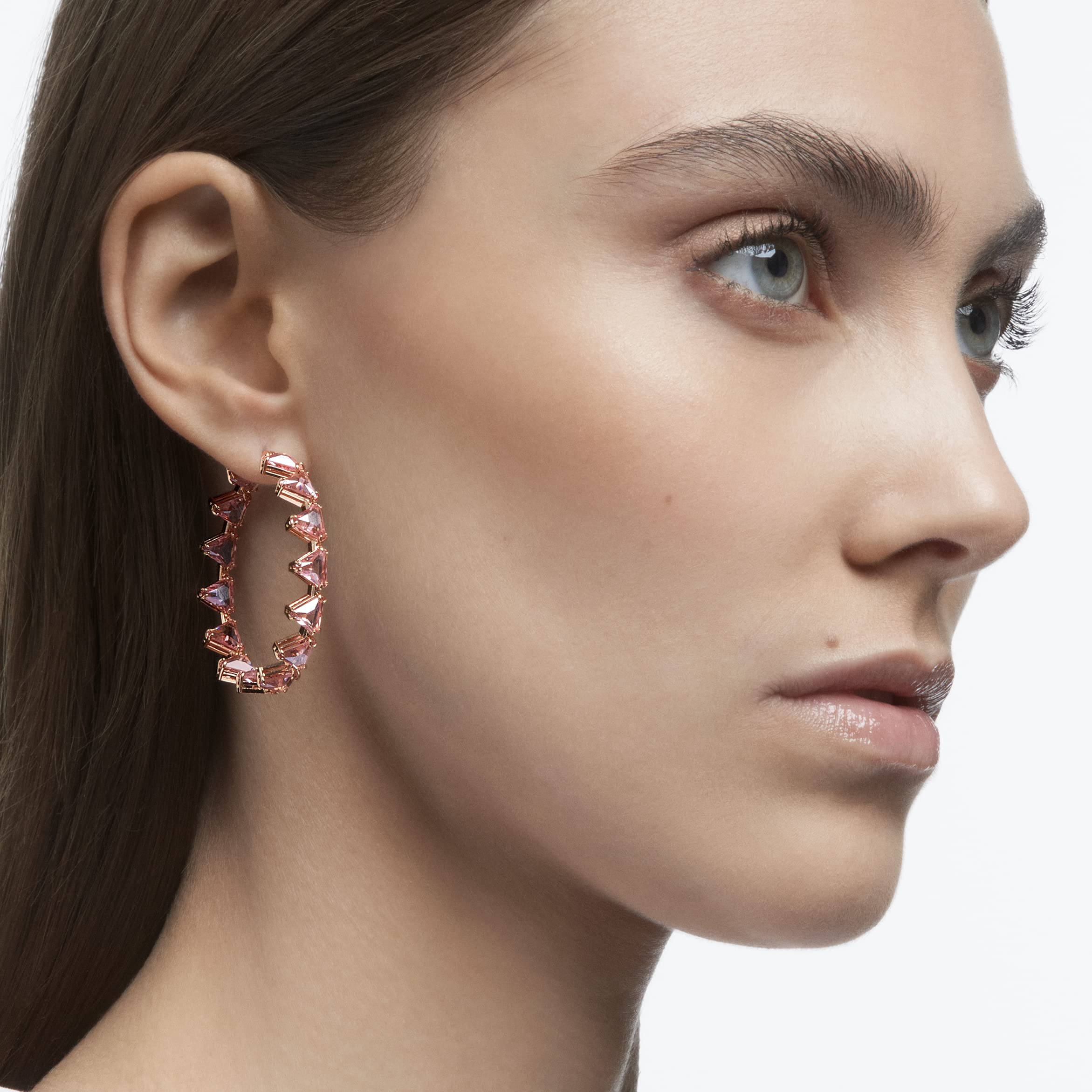 Swarovski Ortyx Hoop Earrings, Triangle cut crystals, Pink, Rose gold-tone plated