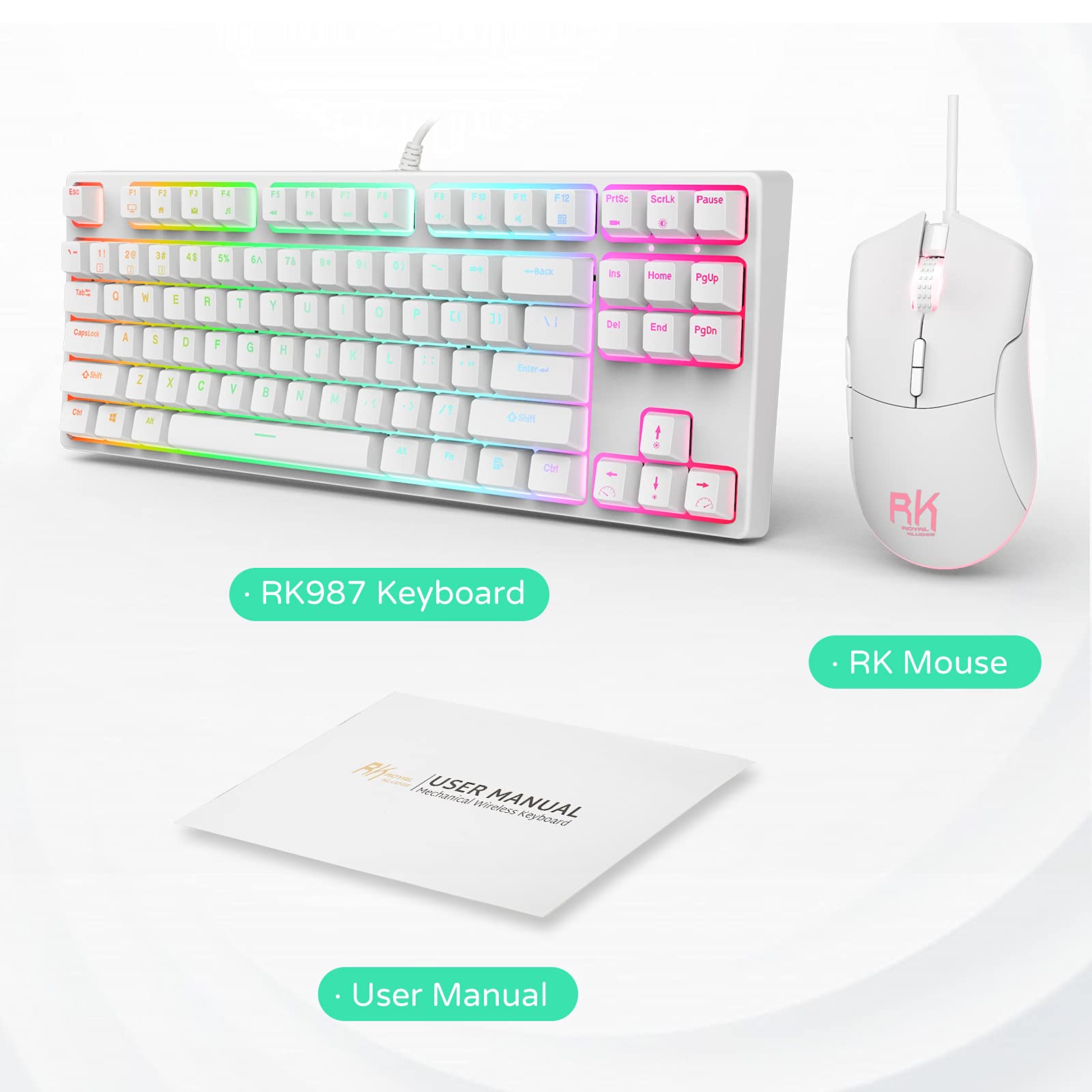 RK ROYAL KLUDGE Gaming Keyboard and Mouse Combo, Wired TKL Mechanical Keyboard and RGB 7200 DPI Mice, 87 Keys Computer Keyboard with Programmable Macro, Brown Switches-White Set