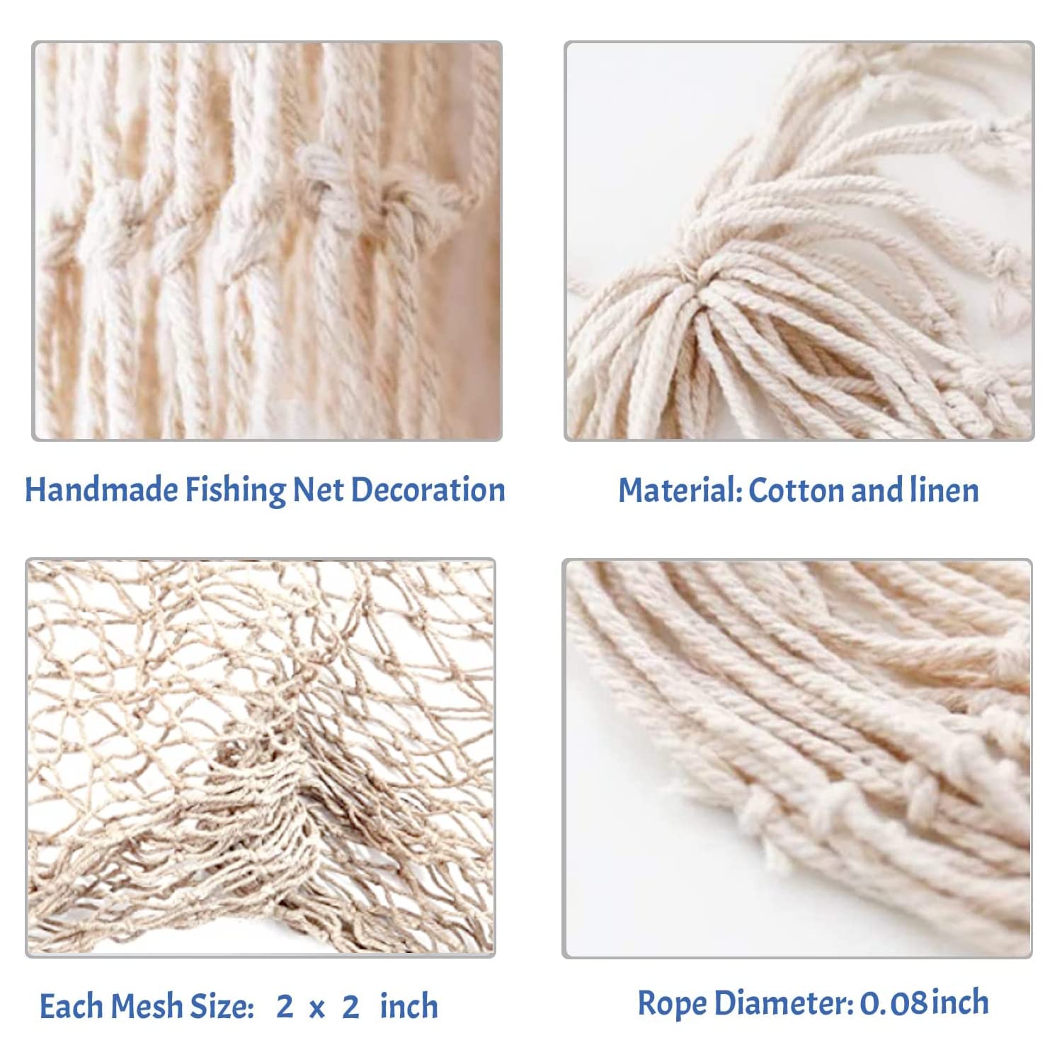 Toiclebor® Fish Net Decoration for Beach Themed Parties and Home Decor - 102'' x 39'' Handmade Fishing Net with 0.08 inch Diameter (8.5x3.3 ft)
