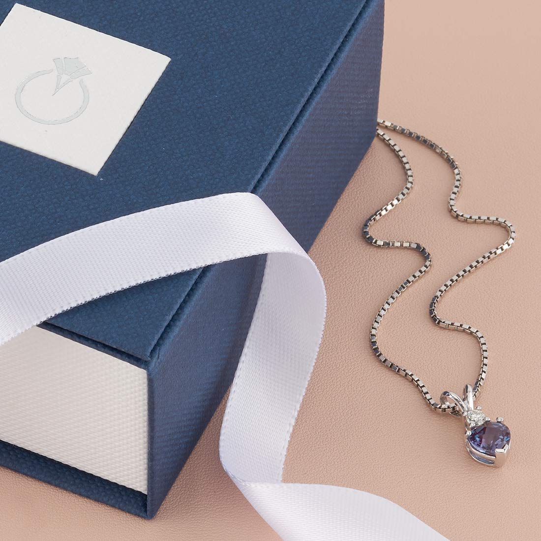 PEORA 14K White Gold Created Alexandrite with Genuine Diamond Pendant for Women, Color-Changing Solitaire, 1 Carat Heart Shape AAA Grade