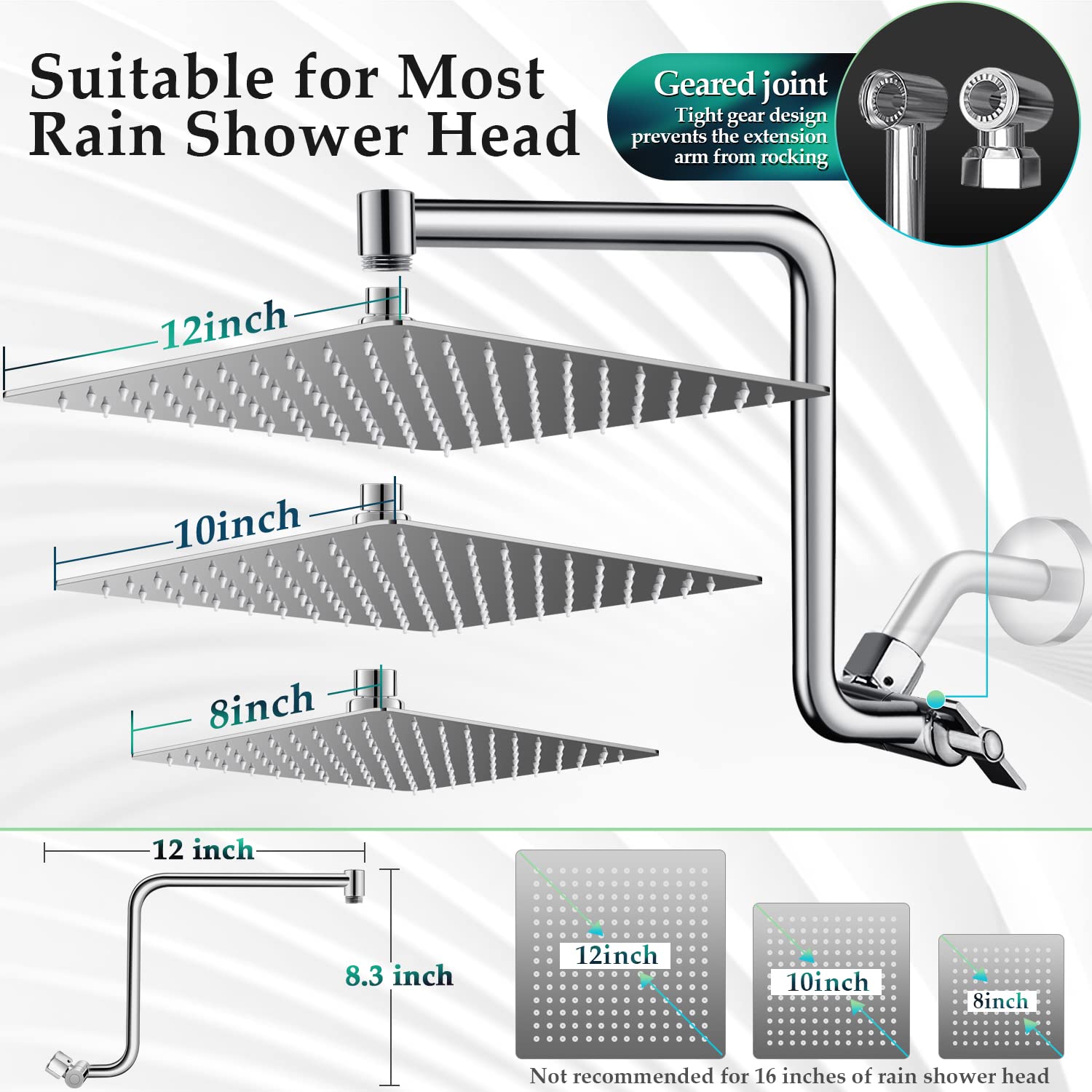 Rain Shower Head Extension Arm, Upgrade 12 Inch Metal Shower Extension Arm, Height/Angle Adjustable Curved Shower Head Extender with 1/2 Universal Connection, Flexible Rise or Lower Shower Head Chrome