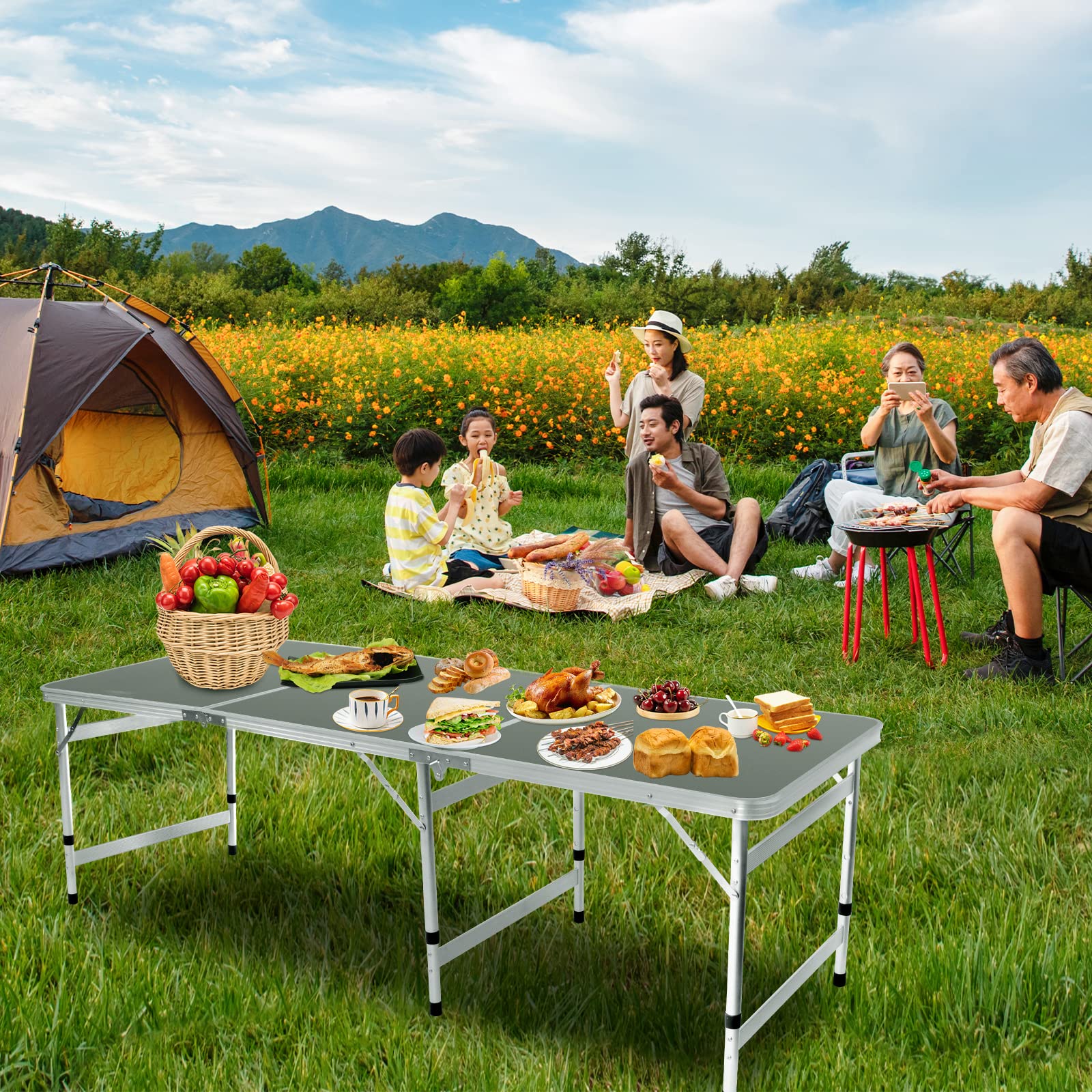 Moosinily 6 Ft Folding Table Adjustable Height Camping Table Aluminum Portable Table with Handle Tri-fold Outdoor Table Picnic BBQ Party Black