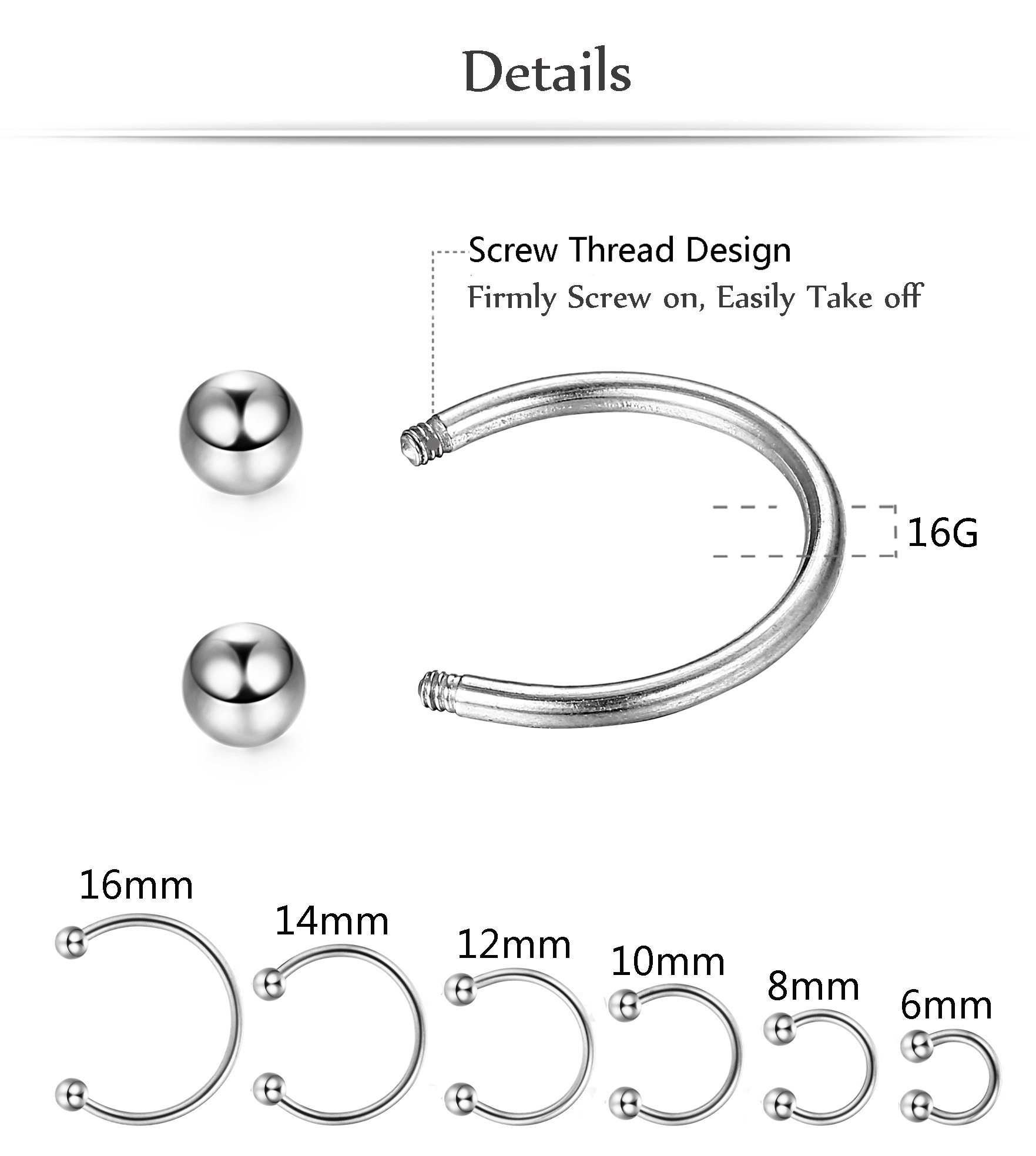 ORAZIO 12Pcs 14-16G Stainless Steel Nose Rings Septum Piercing Cartilage Horseshoe Earring Body Piercing 6MM-16MM Black And Silver Tone