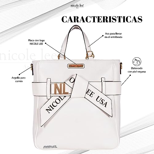 Nicole Lee Zuri Large Tote Bag, Vegan Leather Logo Ribbon Bow Bag with 3 Compartments, NL Gold Metal Hardware (WHITE)