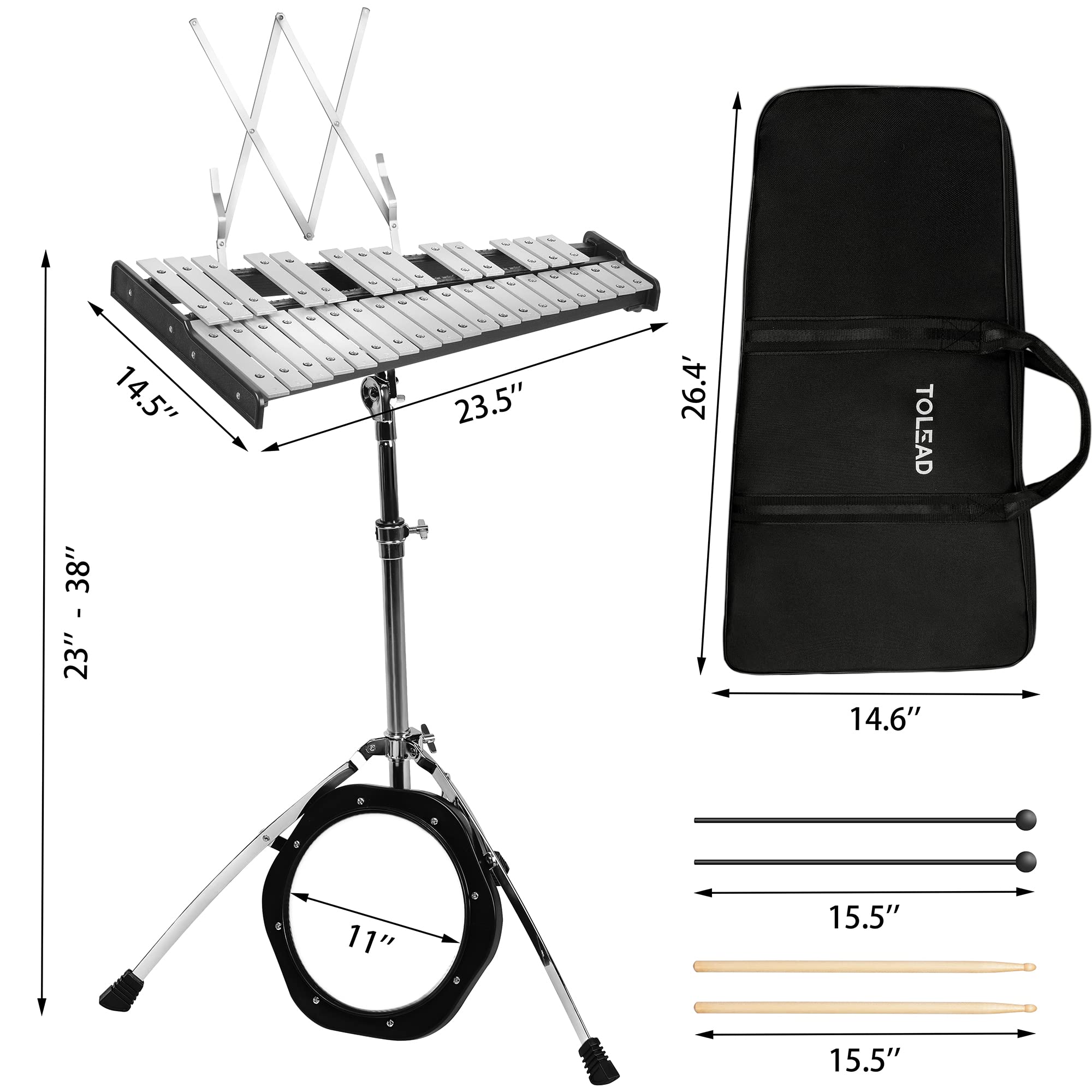 TOLEAD 32 Notes Glockenspiel Kit Xylophone Bell Percussion Instruments with Adjustable Height Stand, Practice Pad Mallets & Wooden Drumsticks, Portable Carrying Bag