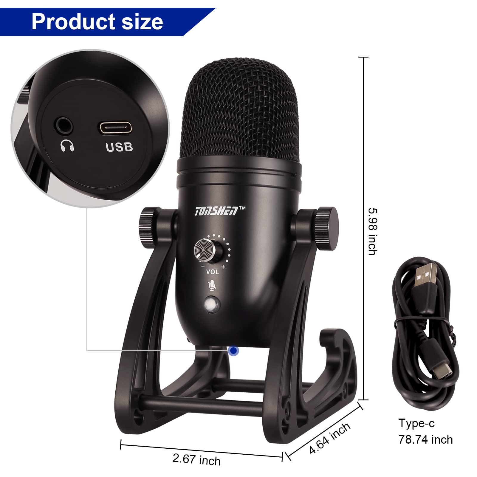 Tonshen USB Podcast Microphone Condenser Microphone for PC and Laptop Podcast Equipment Bundle Gaming Mic Studio Microphone for Singing, Vocal Recording, Streaming Supercardioid Pickup Pattern