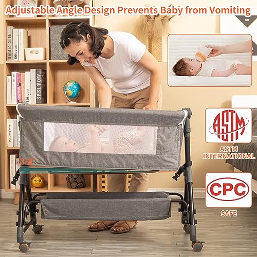 NEPDOF Baby Bassinet Bedside Sleeper Bedside Easy Folding Portable Bassinet 3 in 1 Baby Bed with Adjustable Height,Breathable Net,Large Storage Basket and Mosquito net