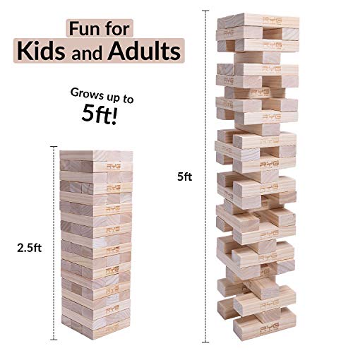 Raise Your Game Giant Wooden Tower (Stacks to a Maximum of 5 feet), Large Tumbling Block Timbers, Wood Stacking Game Jumbo Backyard Set with Carrying Case