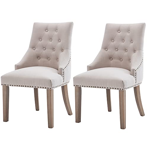 NOBPEINT Dining Chair Beige Fabric Leisure Padded Ring Chair, Nailed Trim, Set of 2