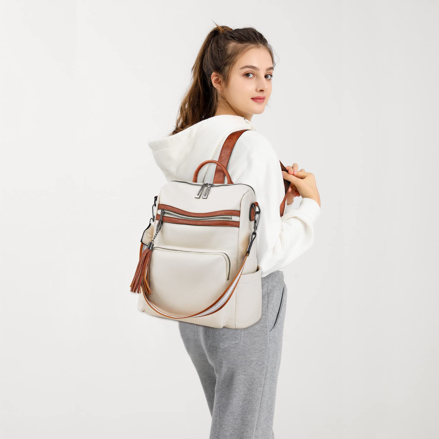 OPAGE Leather Backpack Purse for Women Fashion Tassel Ladies Shoulder Bags Designer Large Backpack Travel Bag