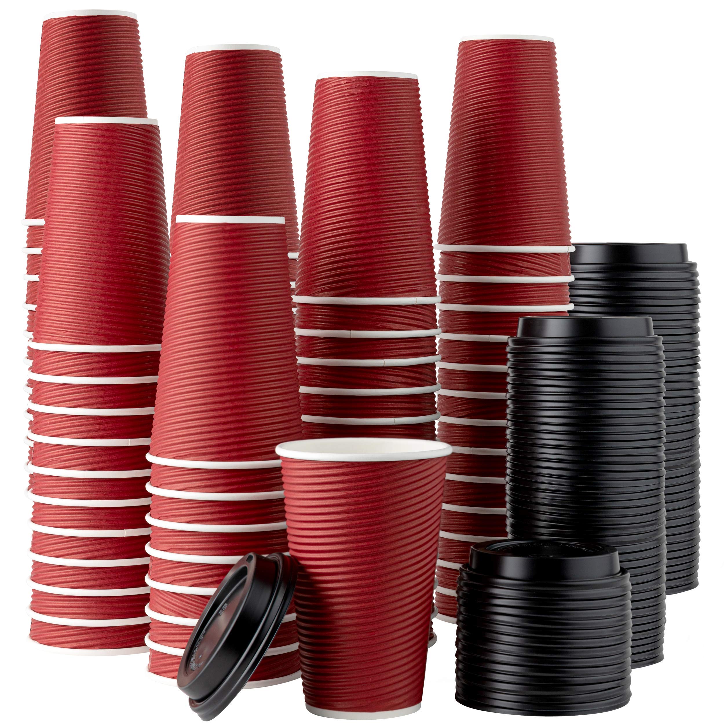 PLASTICPRO [50 Sets - 16 oz.] Insulated Rippled Double Wall Paper Hot Coffee Cups With Lids, Burgundy