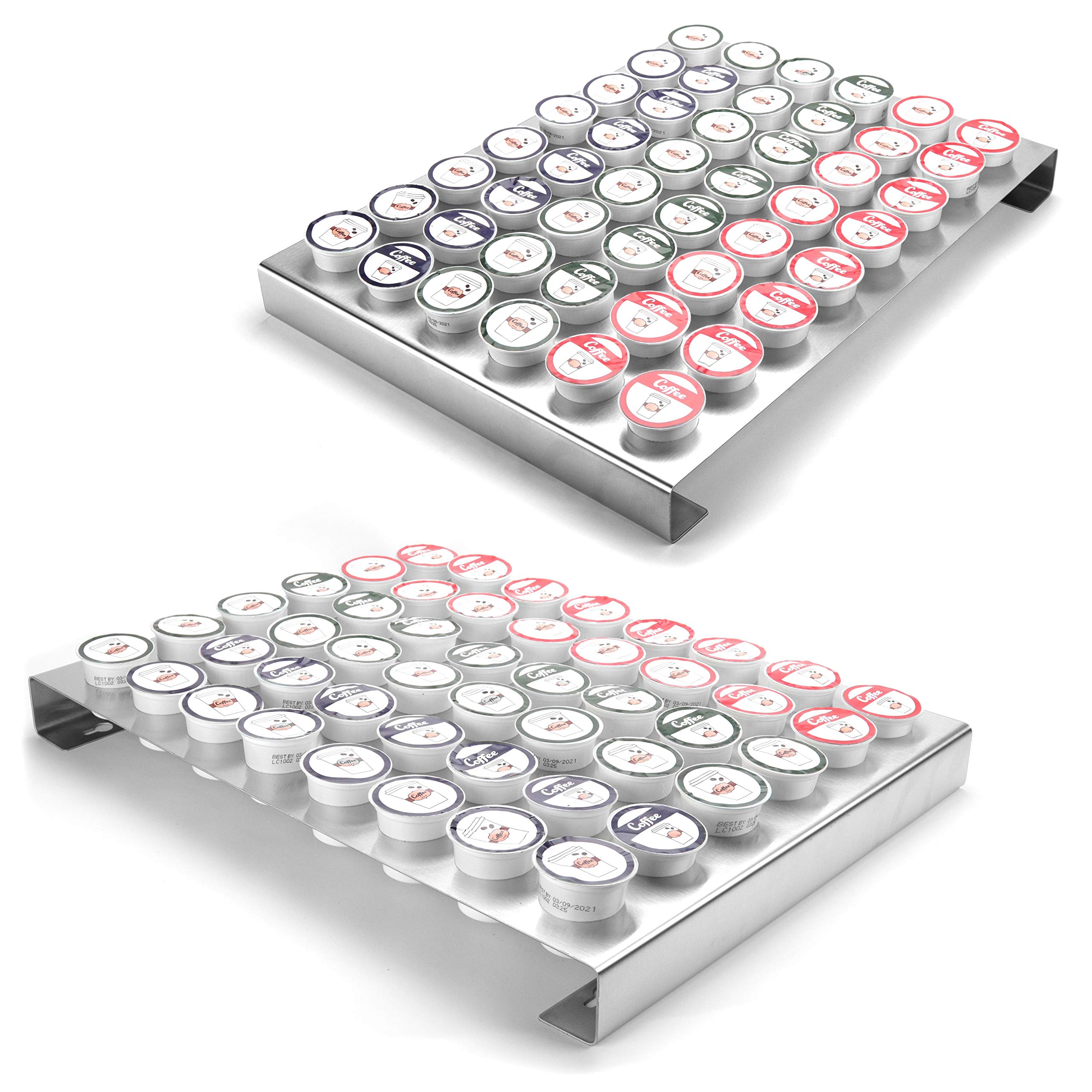 Polar Whale 2 Brushed Stainless Steel Coffee Pod Organizer Storage Tray Counter Stand or Wall Mount Compatible with Keurig K-Cup KCup for Kitchen Home Office Waterproof 19 x 14.5 Inches Each Holds 48