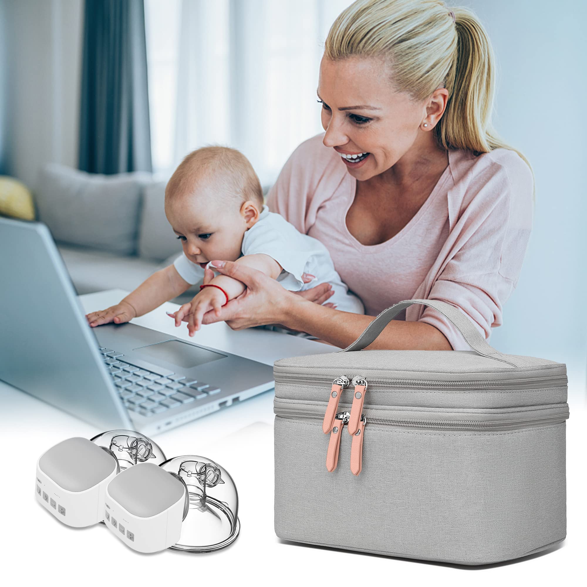 QIUXQIU Breast Pump Bag for Hands-Free Wearable Breast Pumps、Bottles,Pump Parts, and Storage Bag,Tote Bag,Multi-Function Breastmilk Cooler Bag Insulated Bag(Gray)