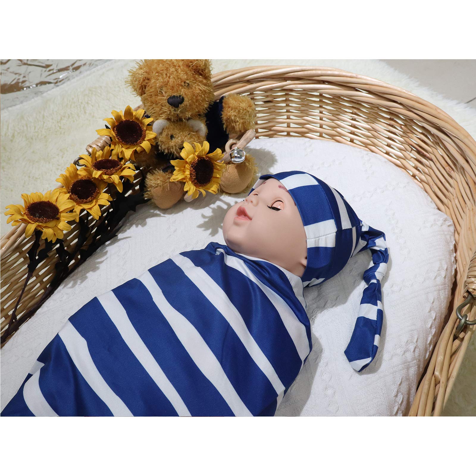 Newborn Swaddle Blanket with Beanie Set,Soft Stretchy Cocoon Sack for 0-3 Months Baby Boys and Girls