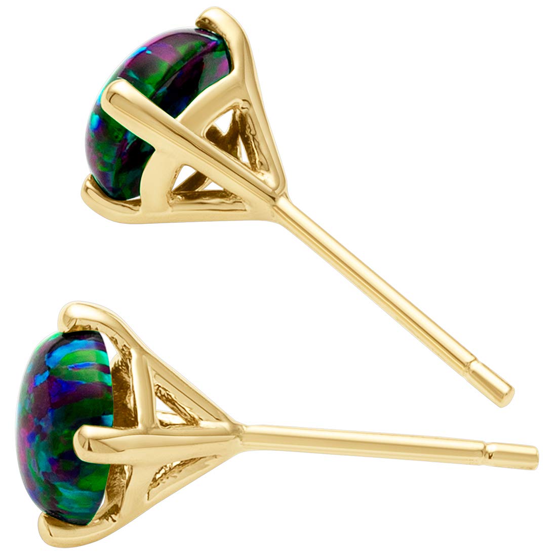 Peora Solid 14K Yellow Gold Created Fire Black Opal Stud Earrings for Women, Classic Solitaire Round Shape, 6mm, 1 Carat total, Hypoallergenic, Friction Back