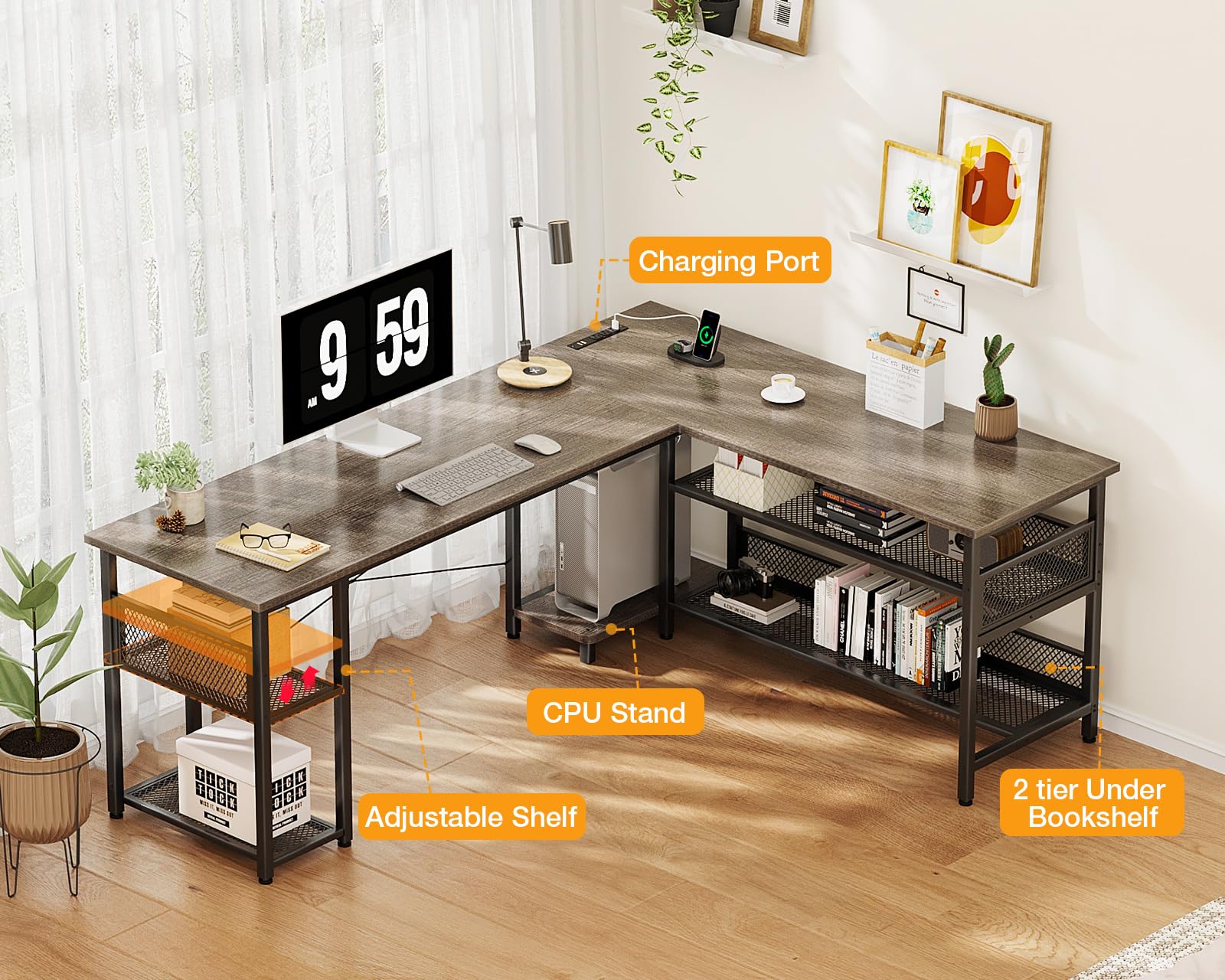 ODK 66" L Shaped Desk with Power Outlet and USB Charging Ports, Reversible L Shaped Computer Desk with Storage Shelves, Home Office Desk, Gaming Desk, Corner Desk, Grey Oak