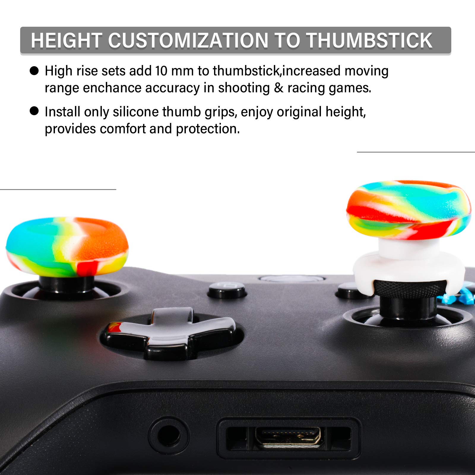 Playrealm FPS Thumbstick Extender Rubber Silicone Grip Cover 2 Sets for Xbox Series X/S & Xbox One Controller(Rainbow)