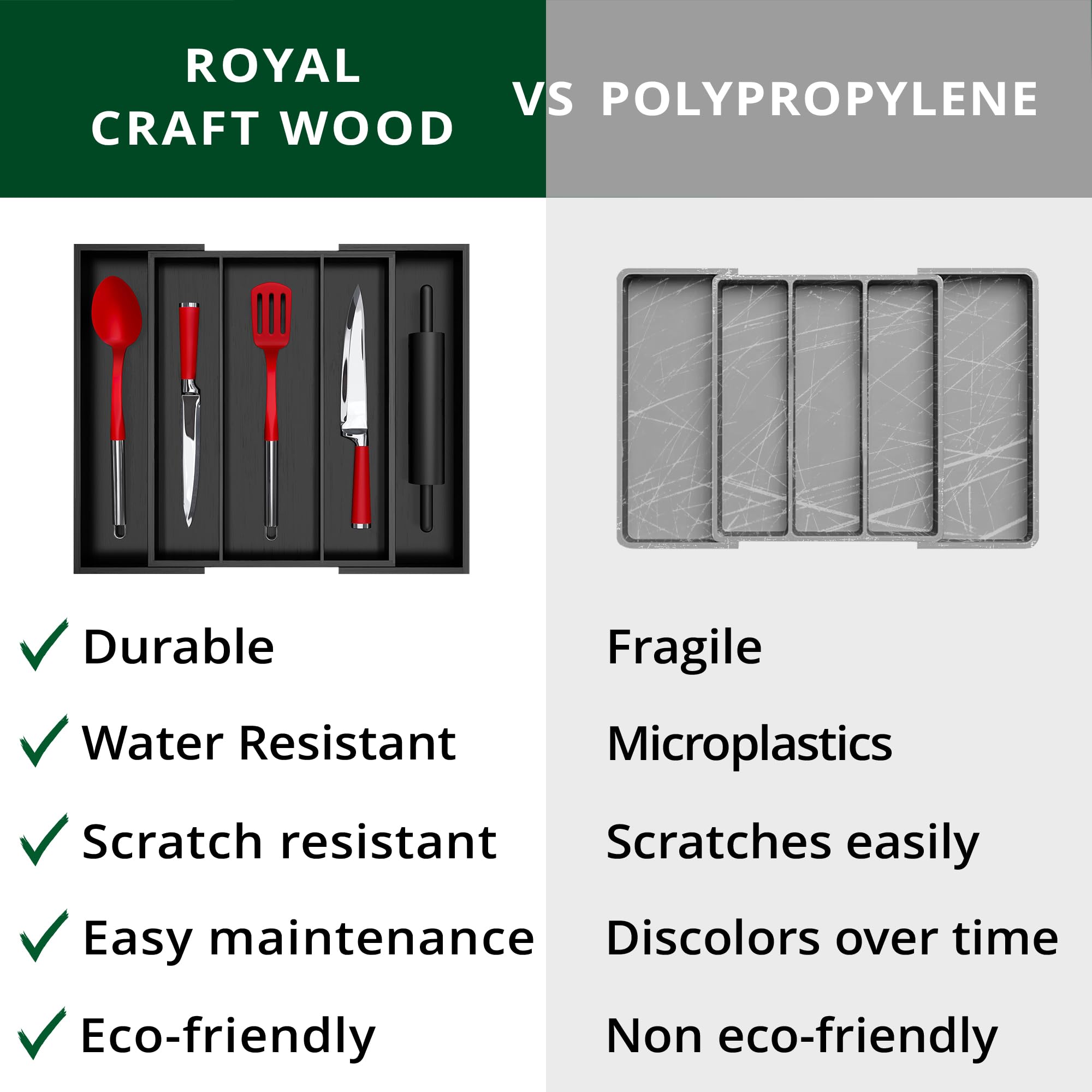 ROYAL CRAFT WOOD Luxury Bamboo Caddy Expandable Drawer and Utensil Organizer, Silverware Holder and Cutlery Tray, 19.6" x17", Black