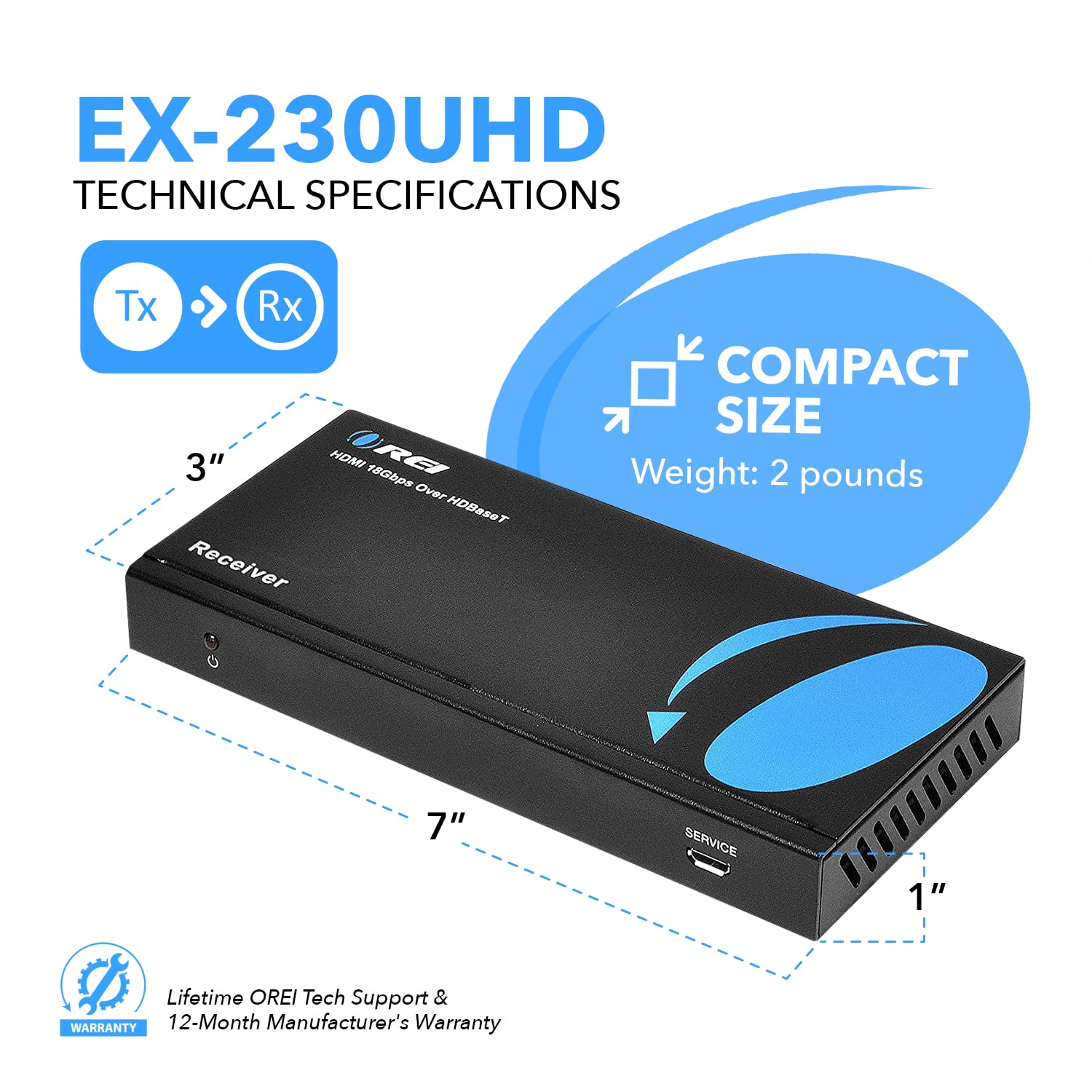 OREI 4K 60hz HDMI over Ethernet Extender HDBaseT, Balun Full 18Gbps 4:4:4 Over CAT 5/6/7 Ethernet Cable - IR Signal - 230 Ft @ 4K 60hz Power over Cable