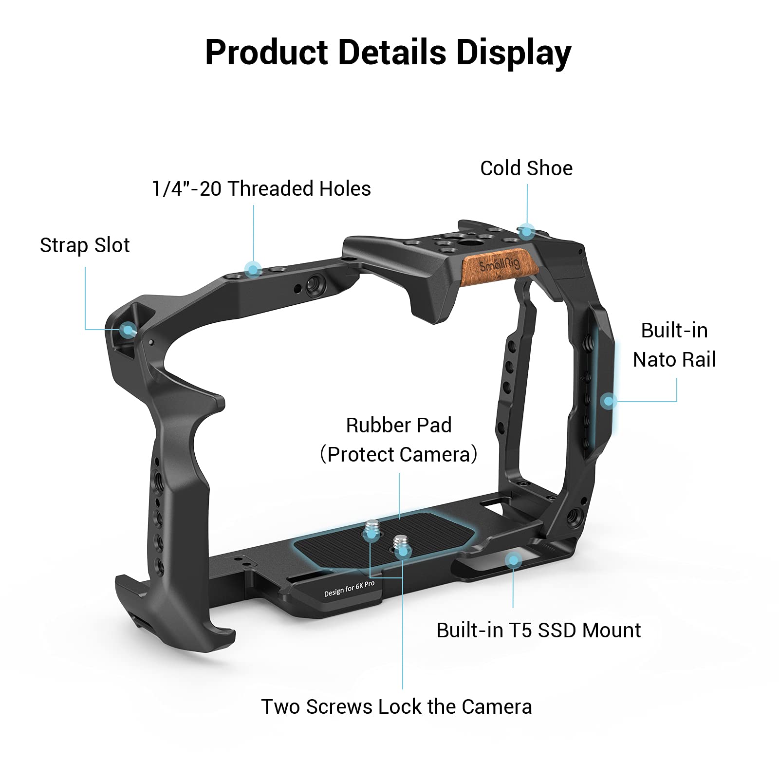 SmallRig Camera Cage Kit Compatible with BMPCC 6K Pro for Blackmagic Pocket Cinema Camera 6K Pro with Cable Clamp for HDMI& Cable Clamp for Samsung T5 SSD/USB - 3298