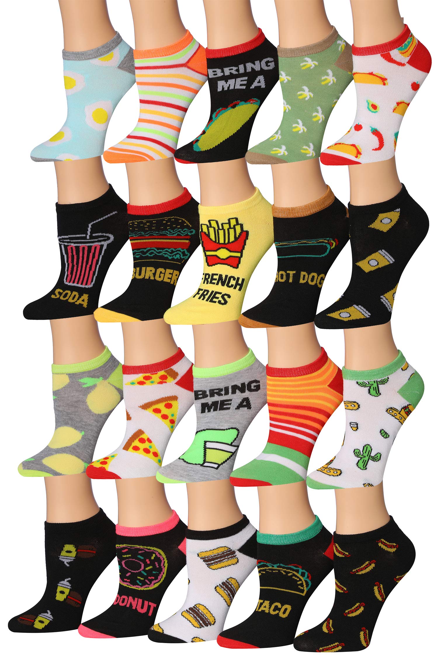 Tipi Toe Women's 20 Pairs Colorful Patterned Low Cut/No Show Socks NS242-243