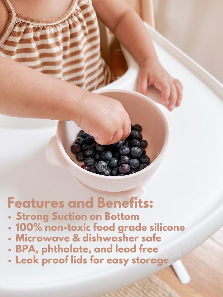 Ullabelle Suction Toddler Plates & Bowls Complete Set w/Spoon- BPA Free 100% Food Grade Silicone- Microwave & Dishwasher Safe Baby Suction Plate, Suction Bowl w/Lid, & Spoon- (Pink)