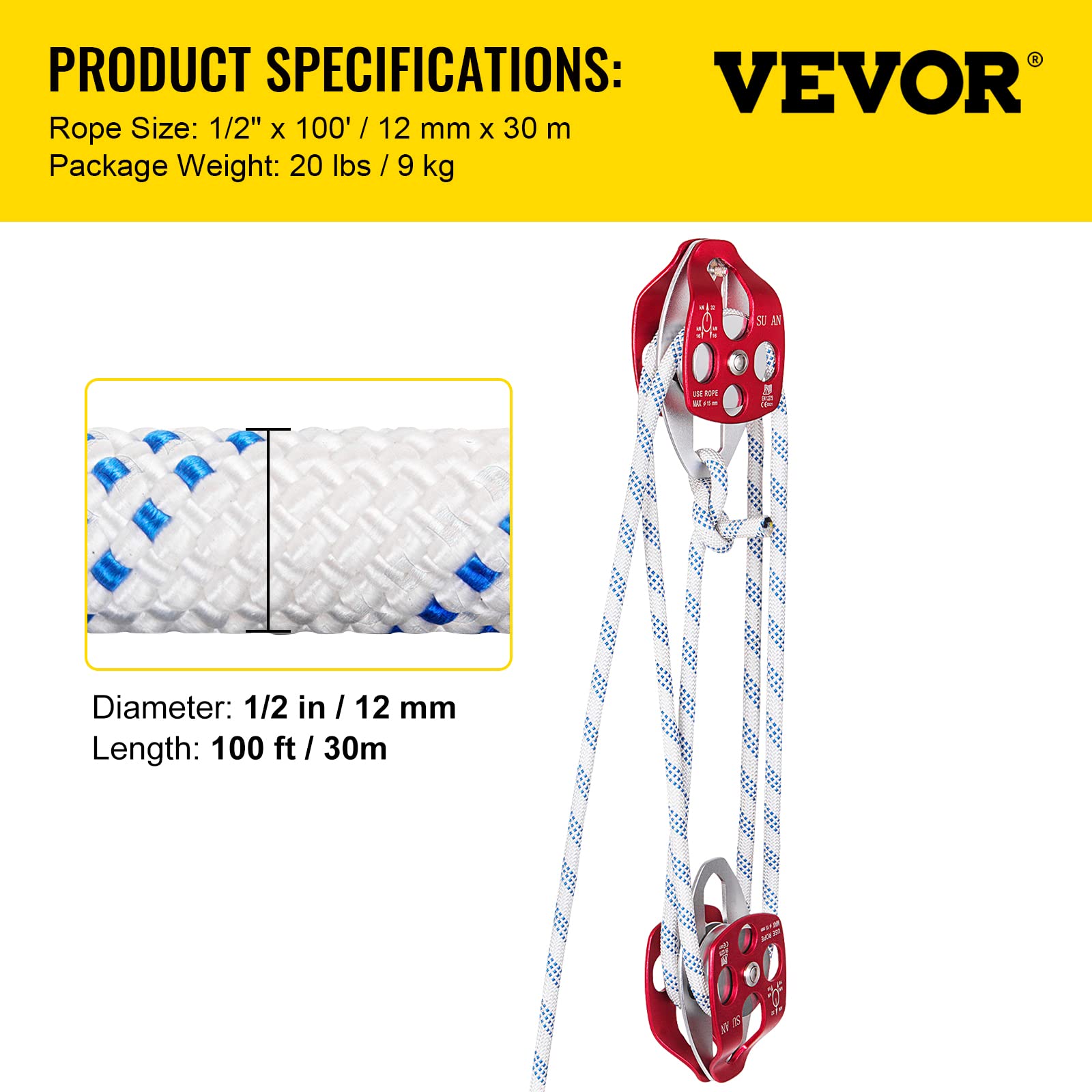 Mophorn Twin Sheave Block and Tackle 1/2" x 100Ft Twin Sheave Block with Braid Rope 30-35KN 6600-7705LBS Double Pulley Rigging