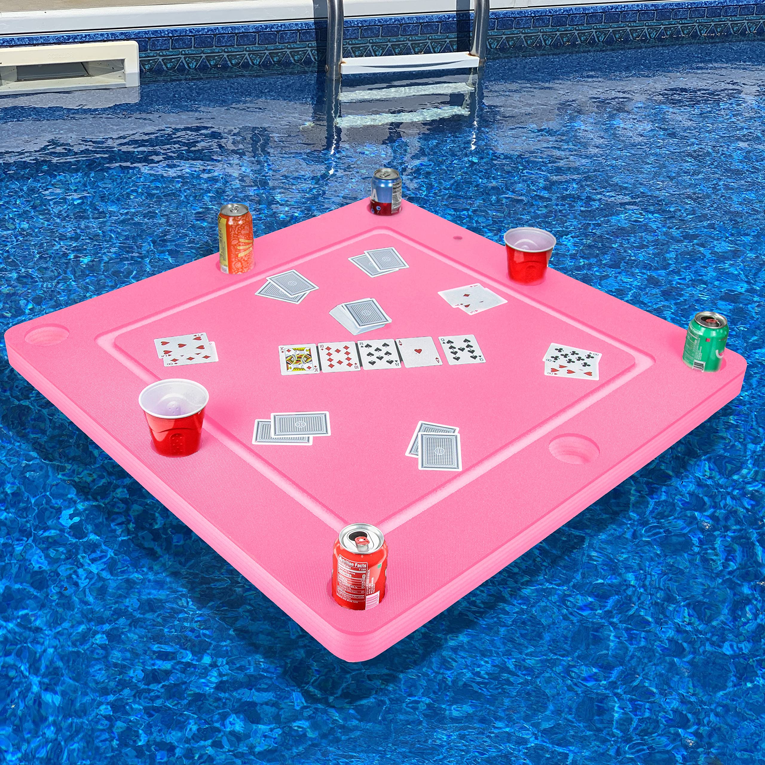 Polar Whale Floating Pink Game or Card Table Tray for Pool or Beach Party Float Lounge Durable Foam Large 36 Inch Drink Holders with Waterproof Playing Cards Deck UV Resistant