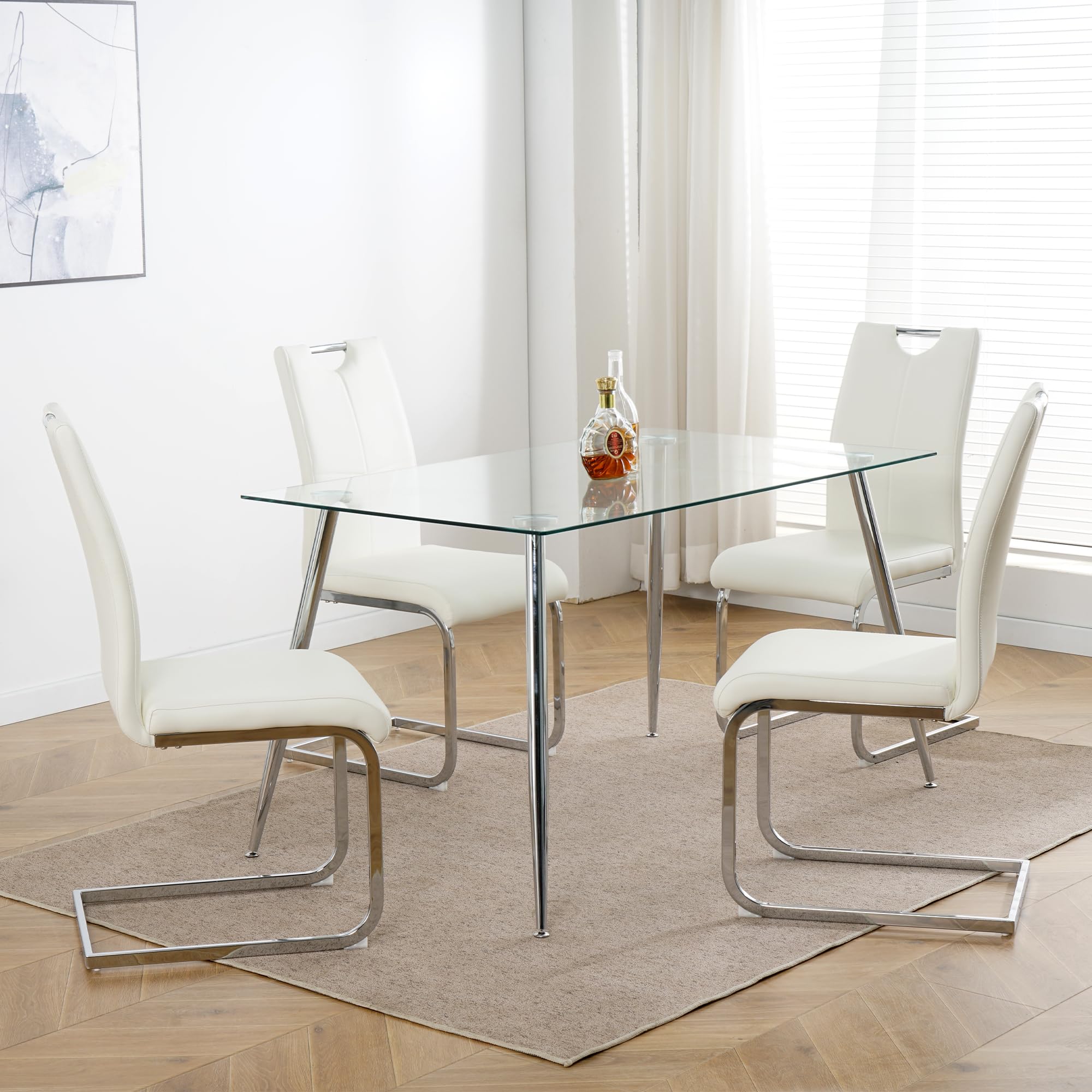 Modern Dining Chairs Set of 4 High Back Kitchen Chair with Stainless Legs 4 Piece PU Leather Chairs with Padded Seat for Dining Room Living Room Restaurant White