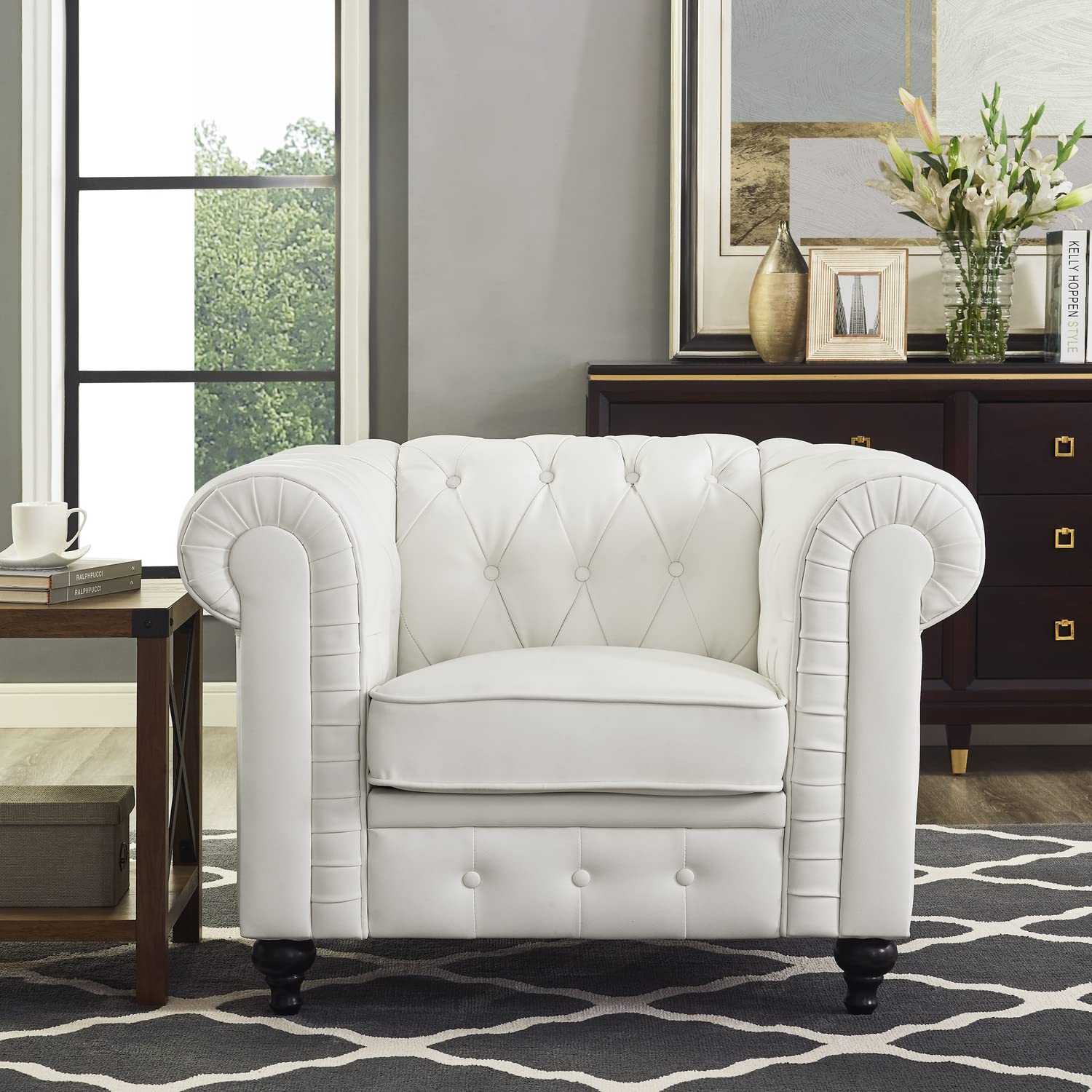 Naomi Home Emery Chesterfield Single Sofa Chair for Living Room, Mid Century Chair with Rolled Arms, Tufted Cushion, Solid Wooden Legs Reading Chairs for Bedroom Comfy Tool-free Assembly – White