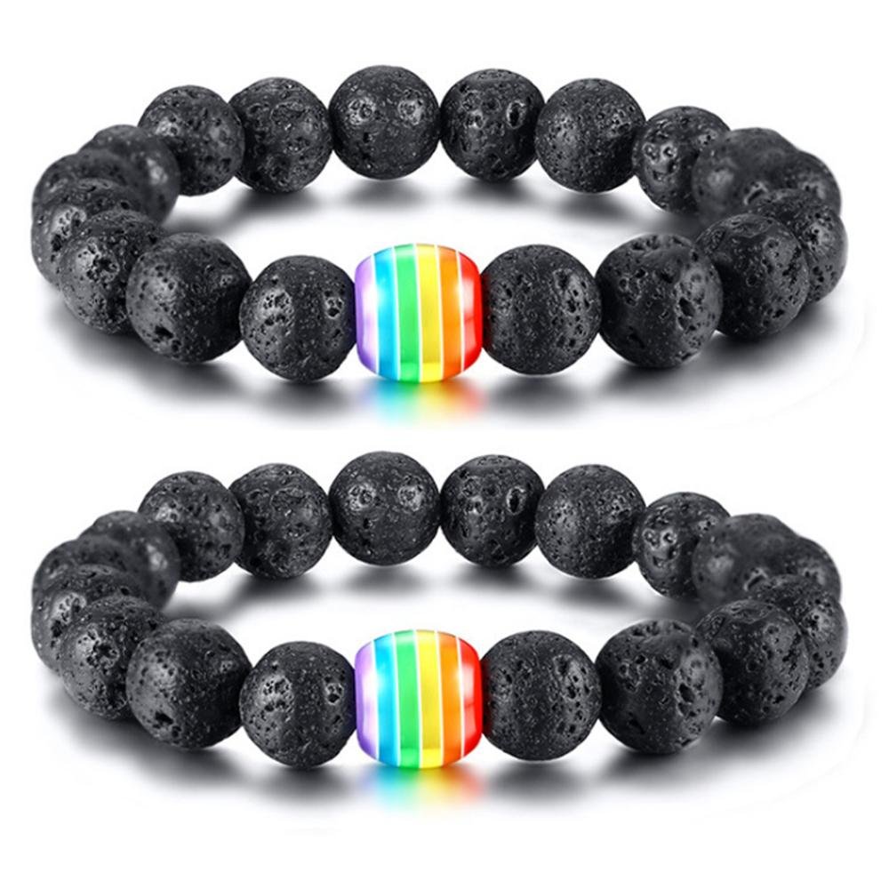 Nanafast LGBT Pride Relationship Rainbow Bracelet Lava Rock/Tiger Eye Stone Bead Bracelets For Gay Lesibian Black 2 Pcs