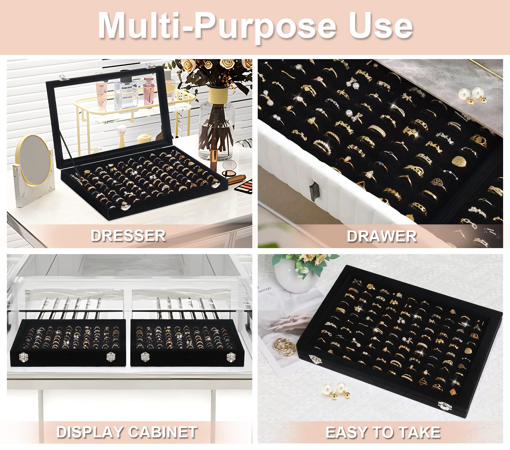 Ring Organizer for Jewelry, Ring Holder Box with Clear Lid, Dustproof Velvet Rings Display Tray Storage Case, 100 Slot Glass Top Jewelry Tray Drawer Insert for Multiple Rings Studs Earring (Black)