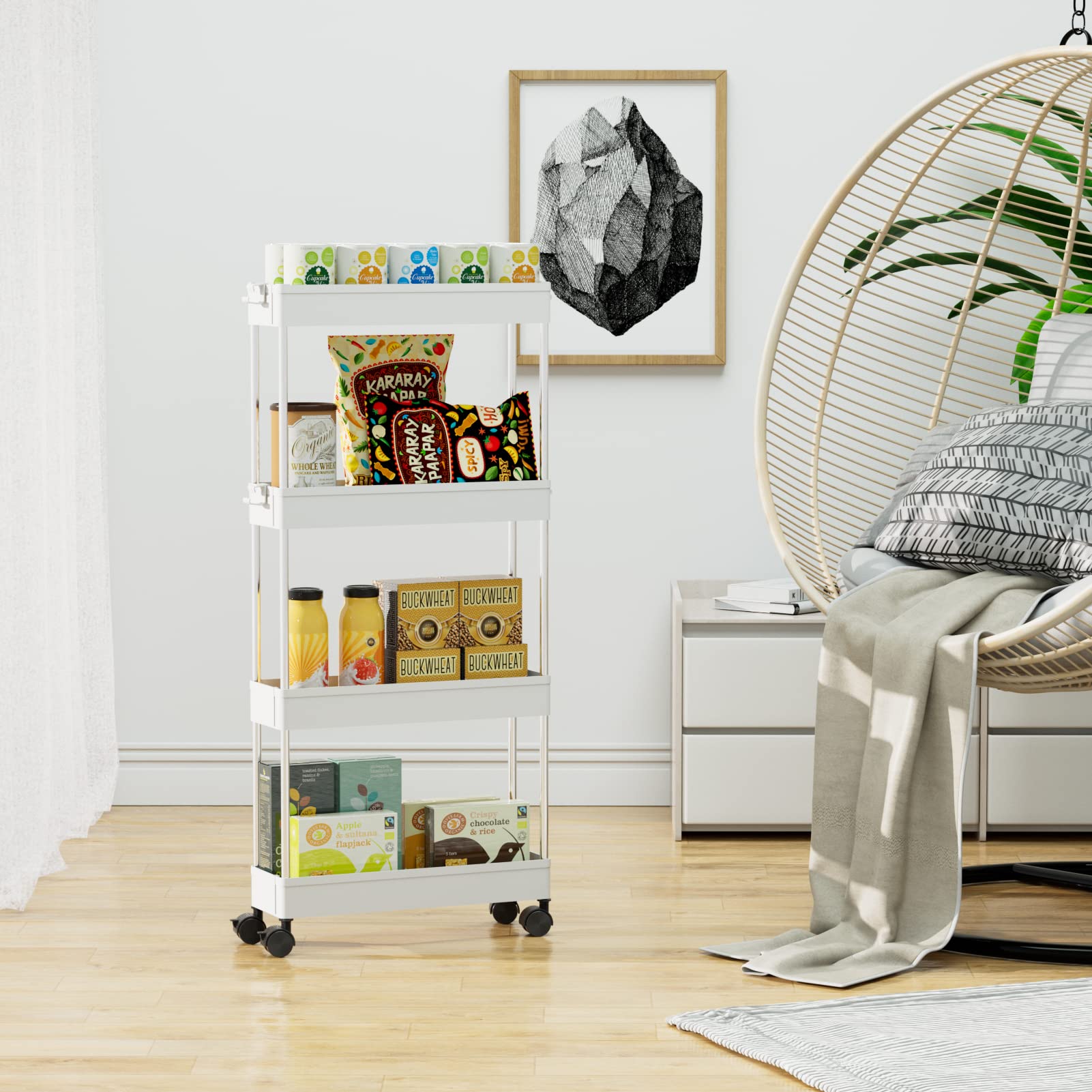 OTK Slim Storage Cart 4 Tier Mobile Shelving Unit Organizer, Utility Rolling Shelf Cart with Wheels for Bathroom Kitchen Bedroom Office Laundry Narrow Places,White