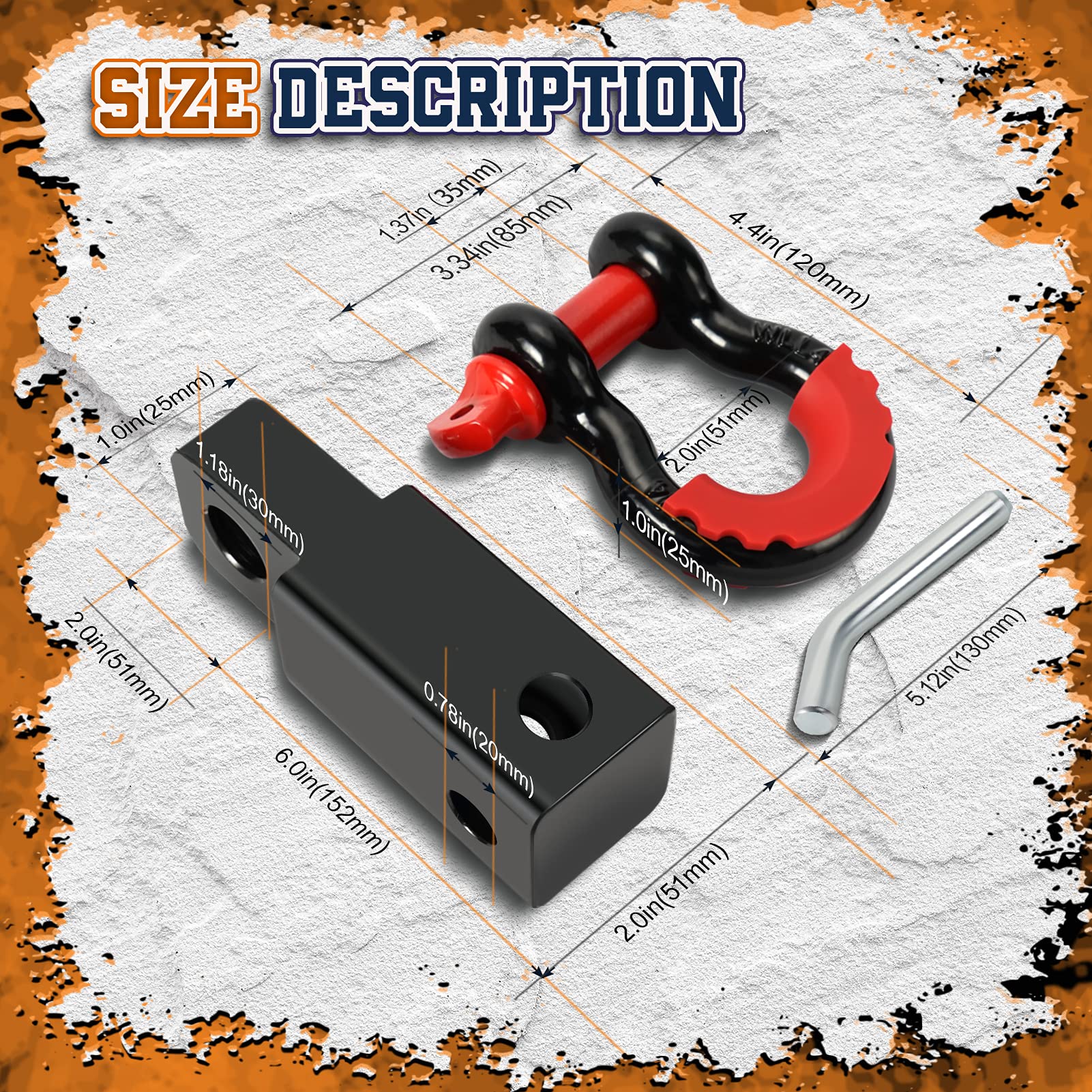 ORCISH 6 Recovery Shackle Block Assembly 2 INCH Double Hole Powder Coat RED - Hitch Receiver Block - Proudly Made in The USA with US Certified Materials - Includes Hitch pin and D-Ring