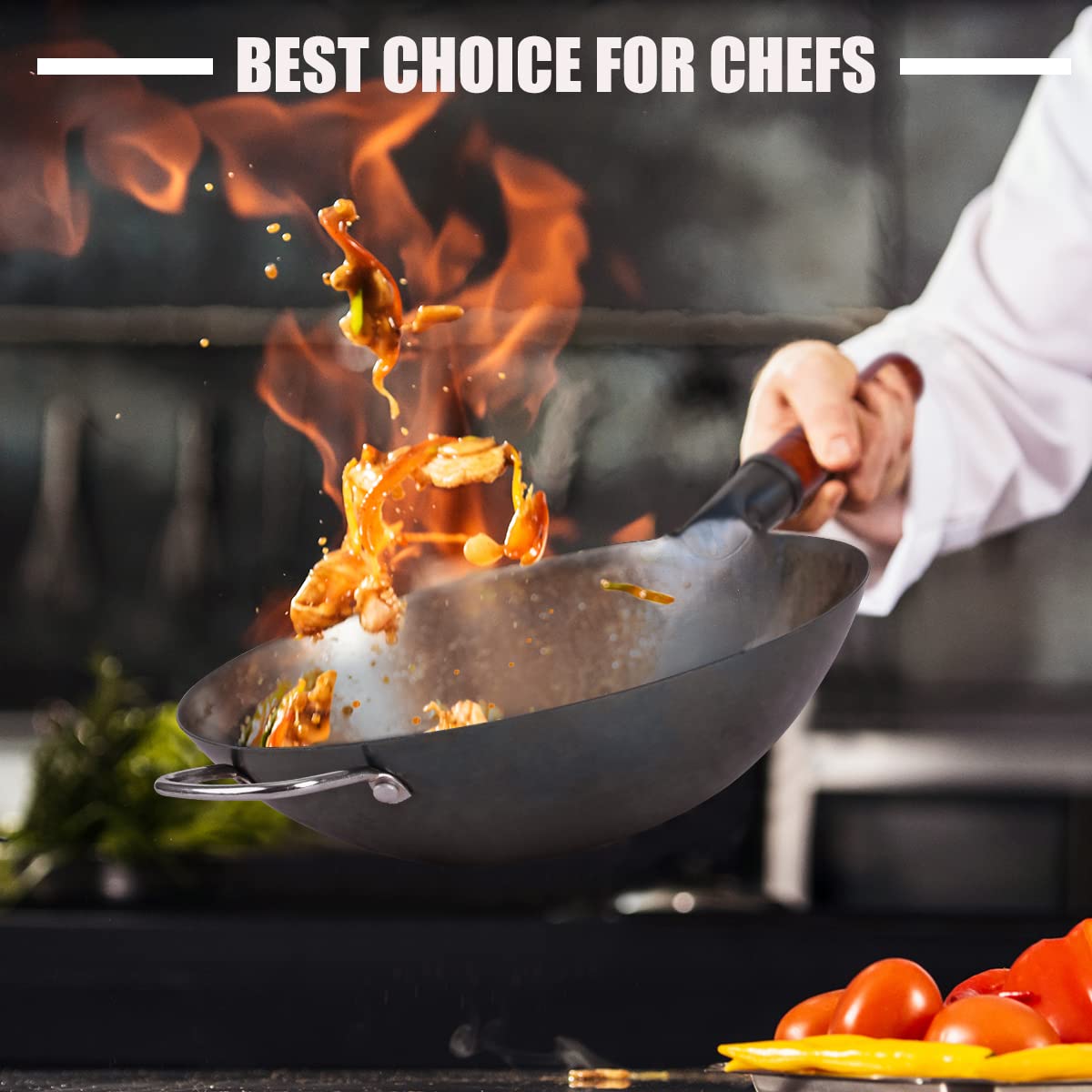 Teewe Carbon Steel Wok Traditional Hand Hammered Wok - 13.4” Chinese Wok Round Bottom Wok Pan Set with 8 Pcs Cookware Accessories