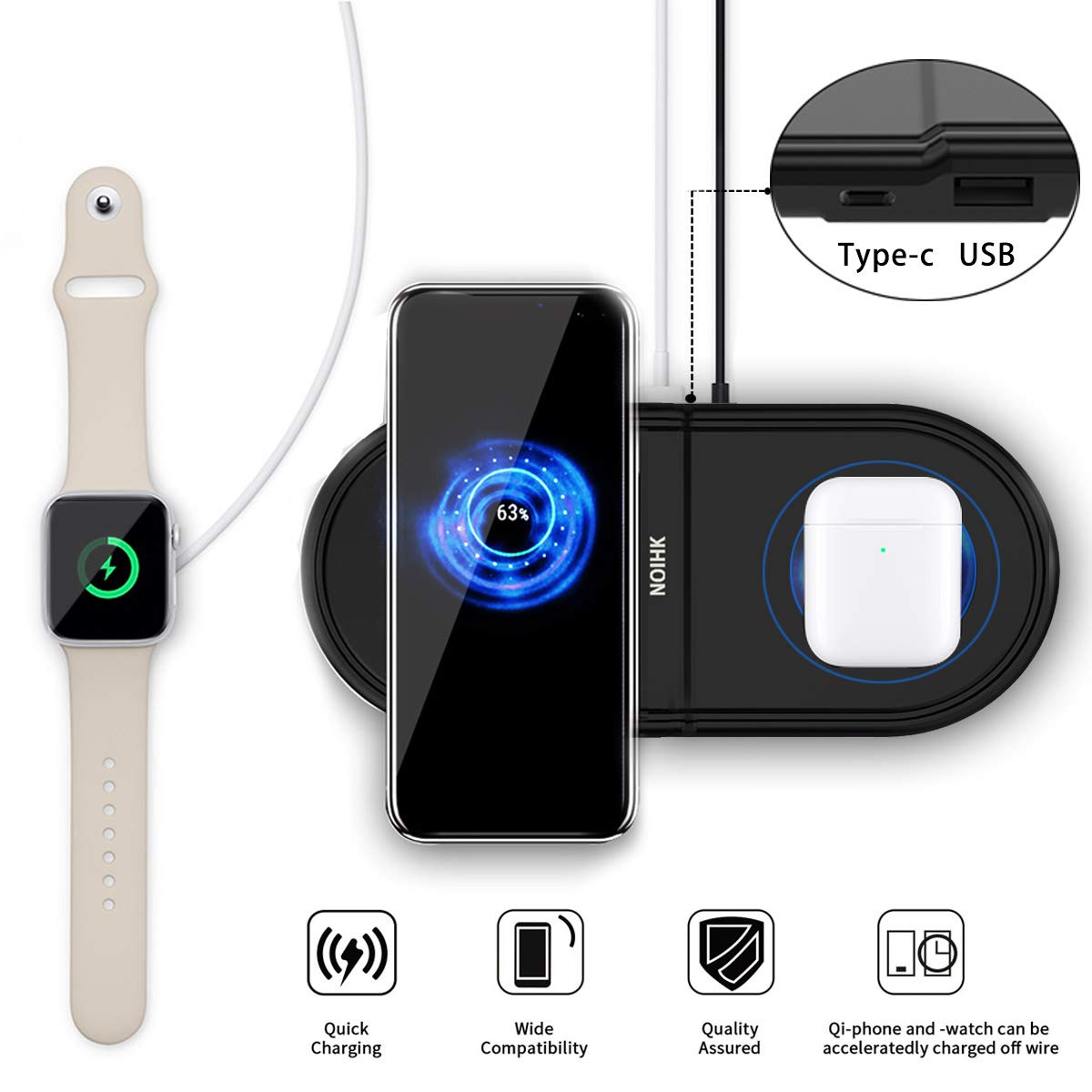 NOIHK Dual Wireless Charger Pad Compatible with Samsung Galaxy Watch 3,Active 2/1,Gear S3/S2, 2 in 1 Fast Charging Dock Station for Samsung S21/S20/S10/S9/S8/Note 20/10/9,Galaxy Buds 2/+/Pro/Live