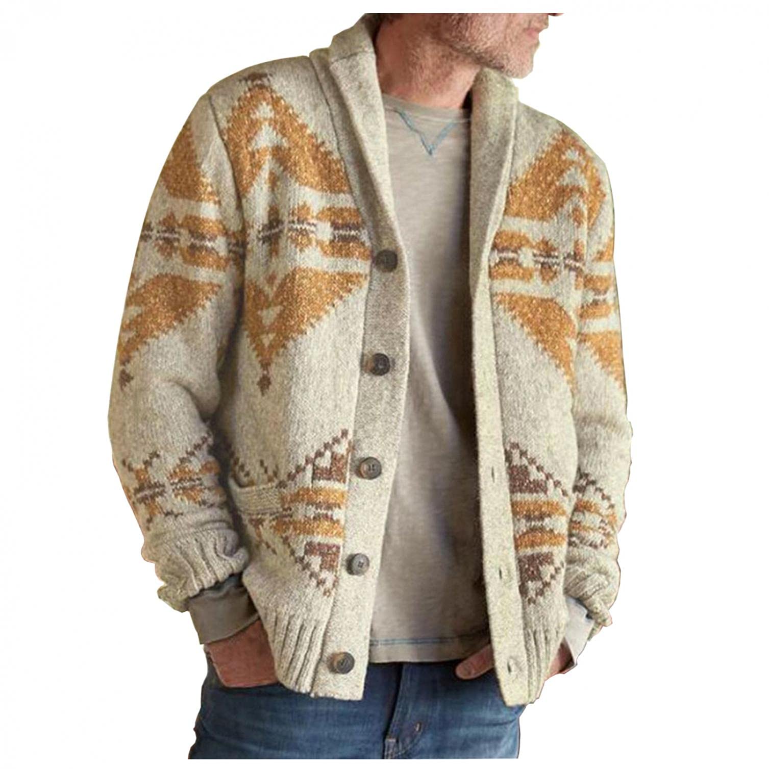 Stoota Mens Cable Knit Cardigan Sweater, Shawl Collar Single Breasted Button Long Sleeve Casual Cardigan Sweater Outwear, Khaki, 3X-Large