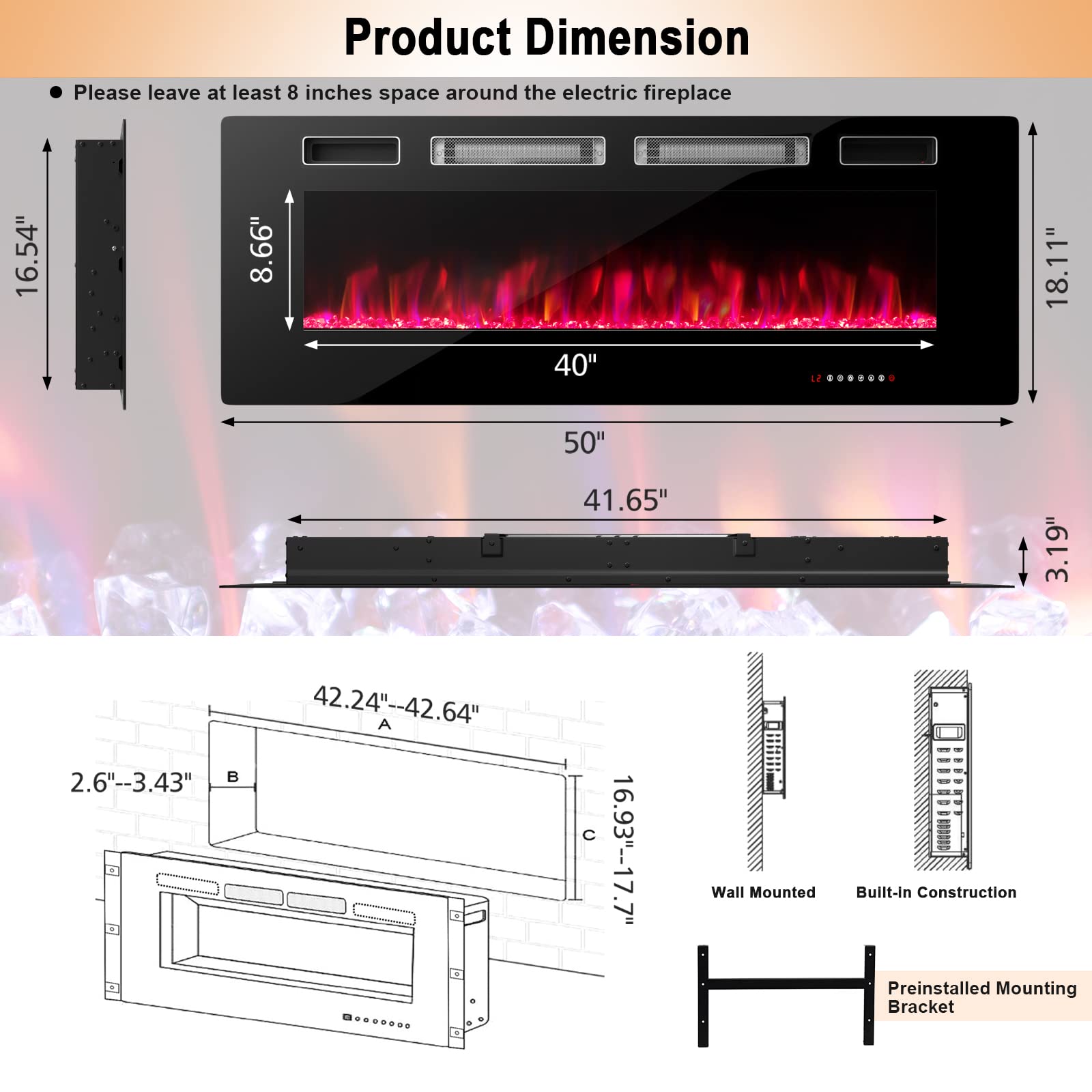 Tangkula 50 inches Electric Fireplace Insert, 3.19 Inches Ultra Thin Recessed & Wall Mounted 1400W Fireplace with Adjustable Flame Color & Speed, 12 H Timer,Remote Control,Touch Screen and WiFi App
