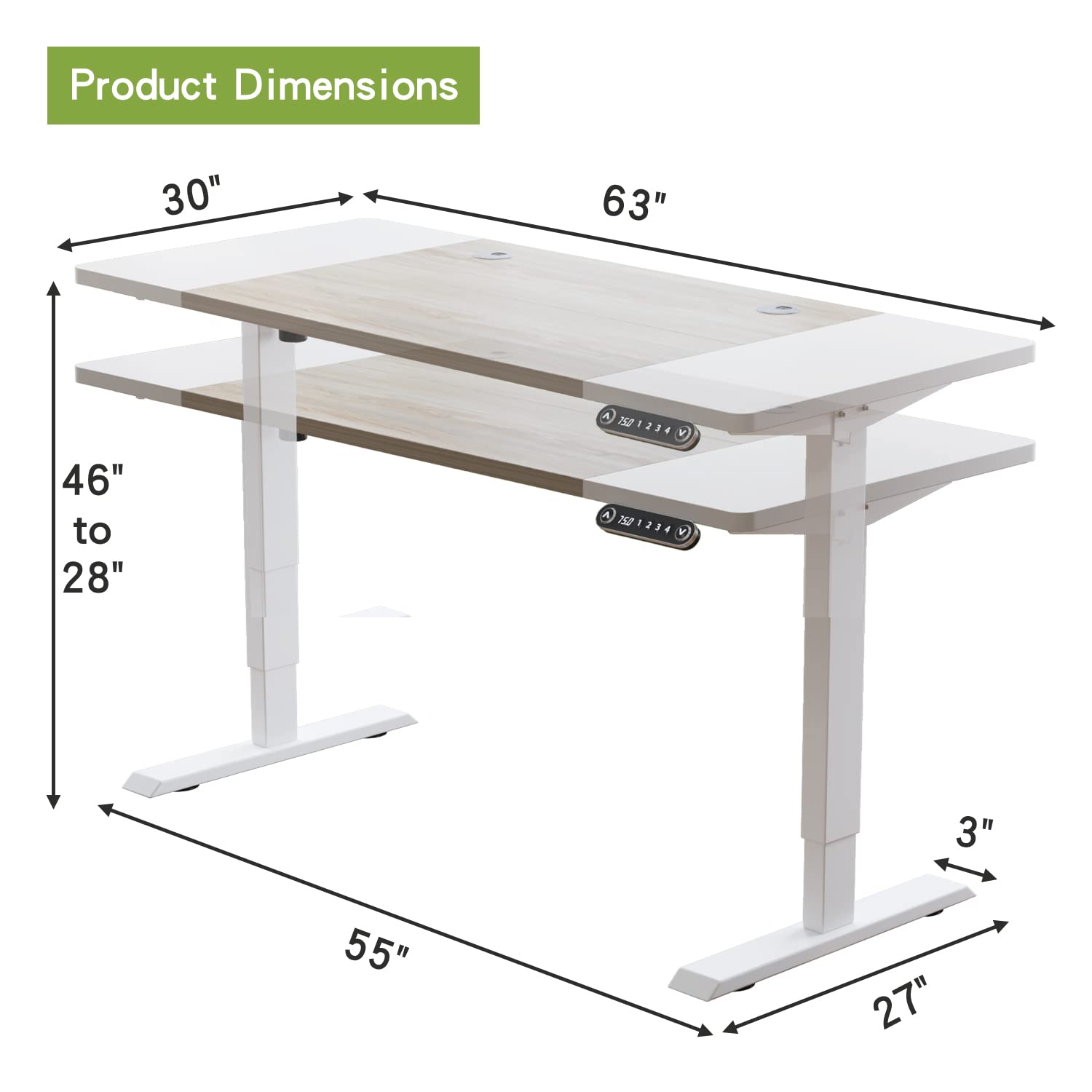 Radlove Electric Standing Desk, 63 x 30 Height Adjustable Computer Desk Sit Stand Desk Home Office Computer Standing Table Ergonomic Desk with Splice Board White Frame + 63 x 30'' White+Oak Top