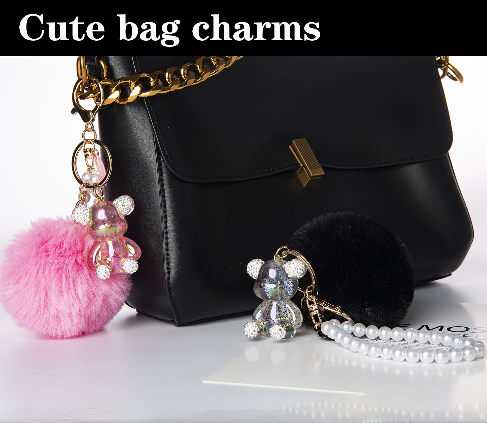 YOU WIZV Teddy Bear Keychain, Cute Bling Keychains for Women and Puff Ball key chains for Car Keys, Backpack, Purse Accessories, Aesthetic Black Pom Pom Keychain