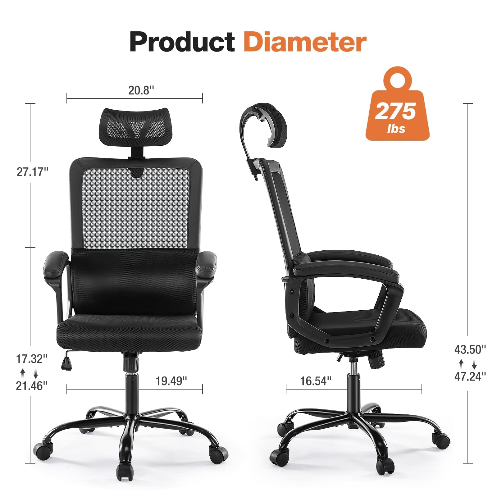 Office Chair - High Back Ergonomic Desk Chair with Adjustable Headrest and Lumbar Support Swivel Rolling Chair Adjustable Height Mesh Chair Study Task Chair for Home Office Room (Black)