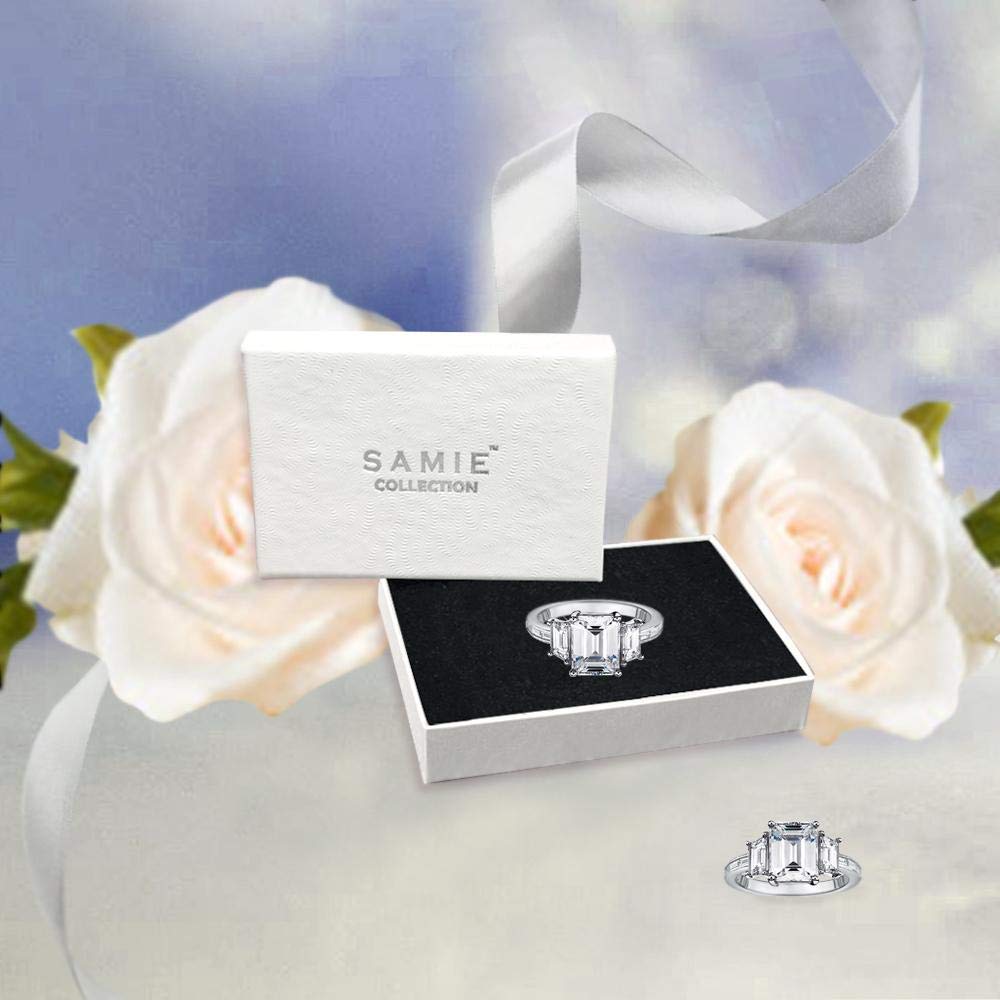 Samie Collection Emerald Cut CZ & Baguette Cubic Zirconia 3 Stone Engagement Rings for Women, Wedding Ring Band in White Gold Plating, Size 5-10